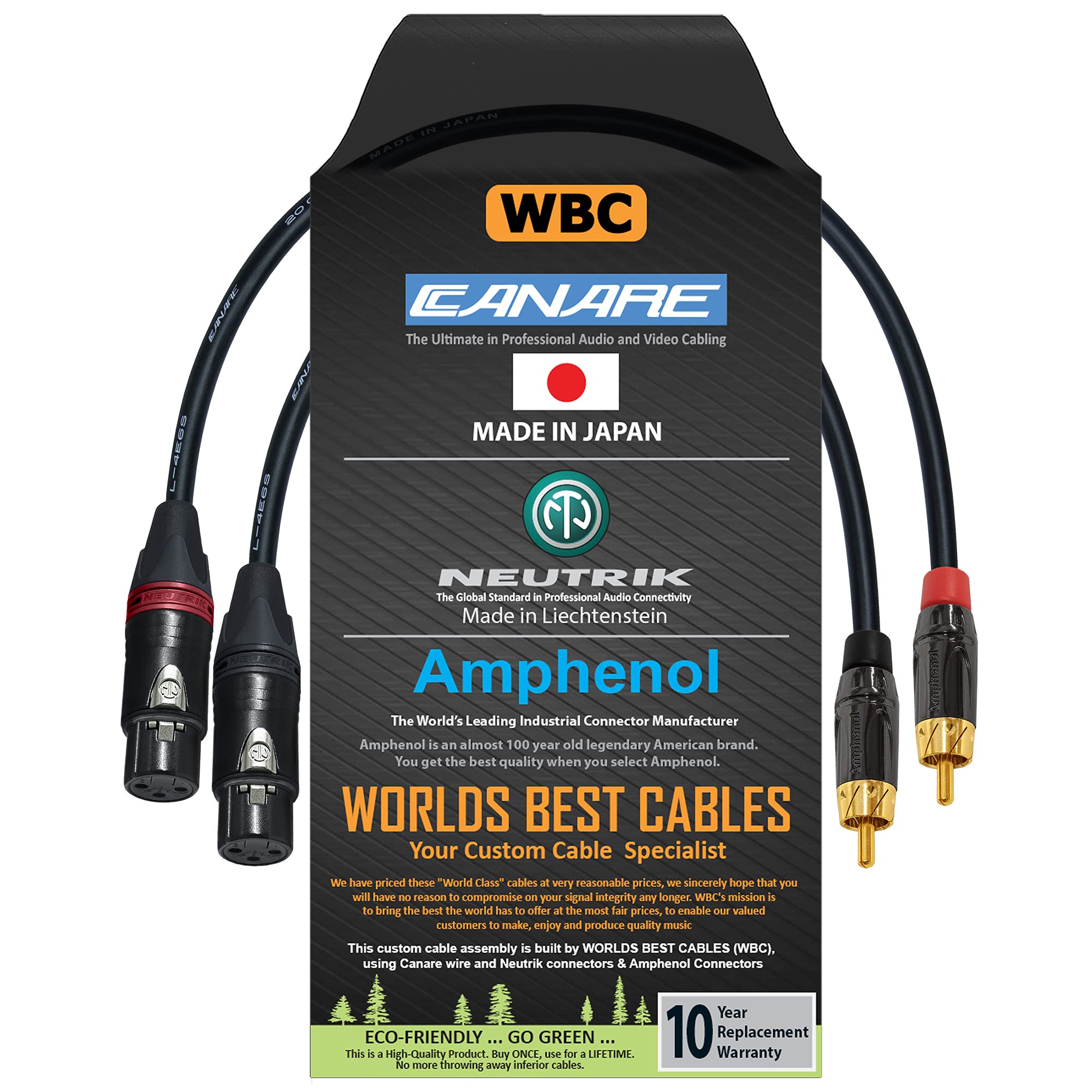 WORLDS BEST CABLES 1 Foot - RCA to XLR (Female) Cable Pair - Canare L-4E6S Star-Quad Audio Interconnect Cable & Amphenol ACPL RCA & Neutrik Female XLR Gold Plugs - CUSTOM MADE