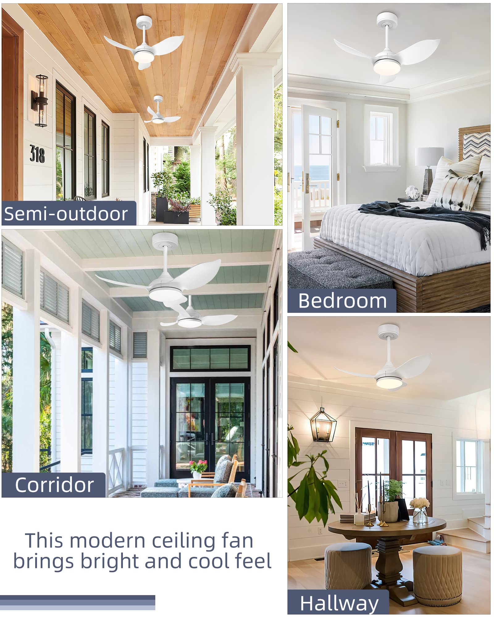 YOUKAIN Ceiling Fans, 30 lnch Small Ceiling fan with Lights and Remote Control, LED Indoor/Outdoor Ceiling Fan with 3 Reversible Blades for Bedroom, Kitchen, Patio, White, 30-YJ652-WH