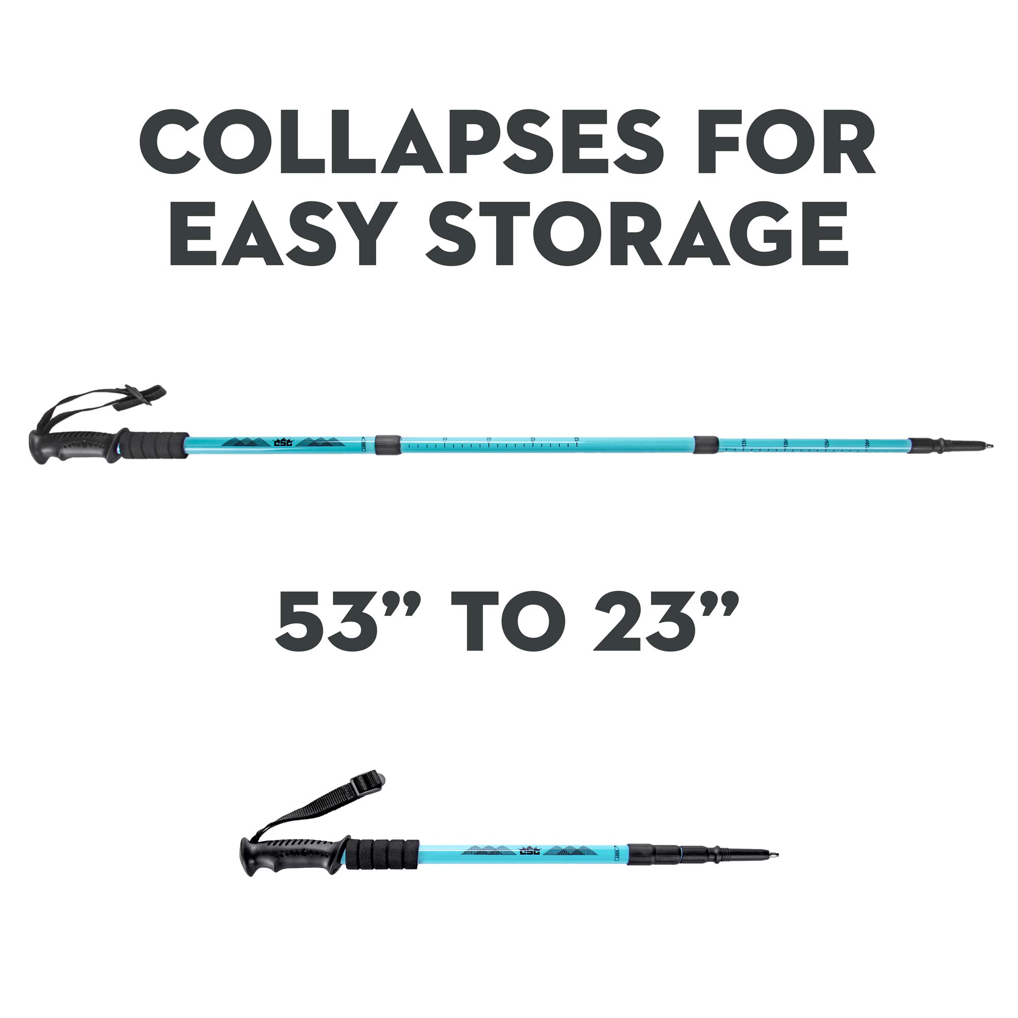 Trekking Pole & Walking Staff | Strong, Lightweight Aluminum | Extends up to 53" Collapses down to 23" | All-terrain: Interchangeable Carbonite Ice Pick Tip, Rubber Asphalt Tip, and Snow Cap (Teal)