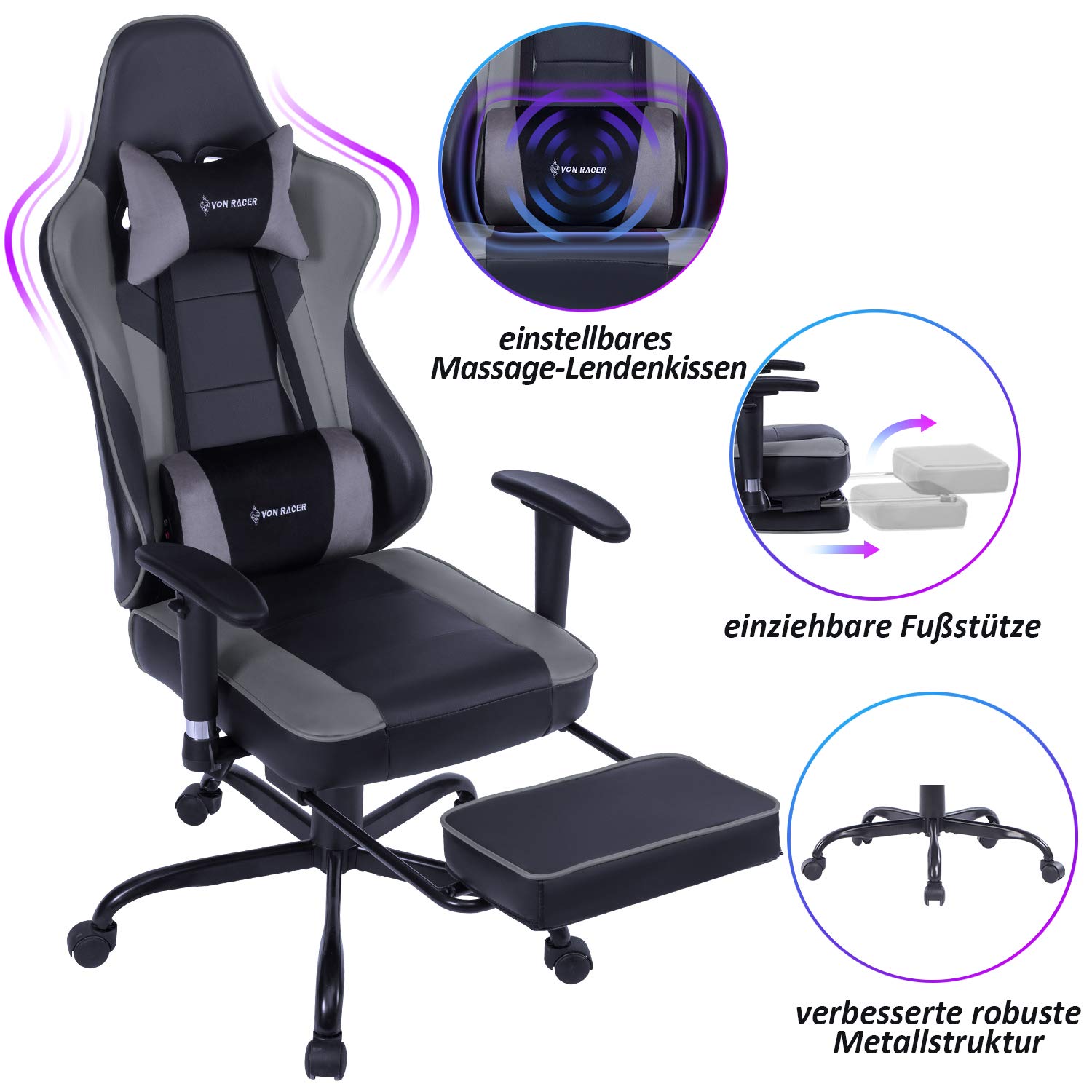 VON RACER Massage Gaming Chair - High Back Racing PC Computer Desk Office Chair Swivel Ergonomic Executive Leather Chair with Footrest and Adjustable Armrests, Gray/Black