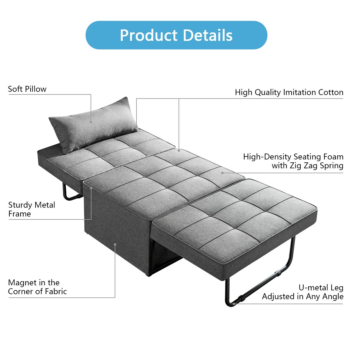 Vonanda Ottoman Folding Chair Bed, Modern Velvet Sleeper Sofa Multi-Position Convertible Couch Lounger Guest Bed with Pillow for Small Space, Velvet Gray