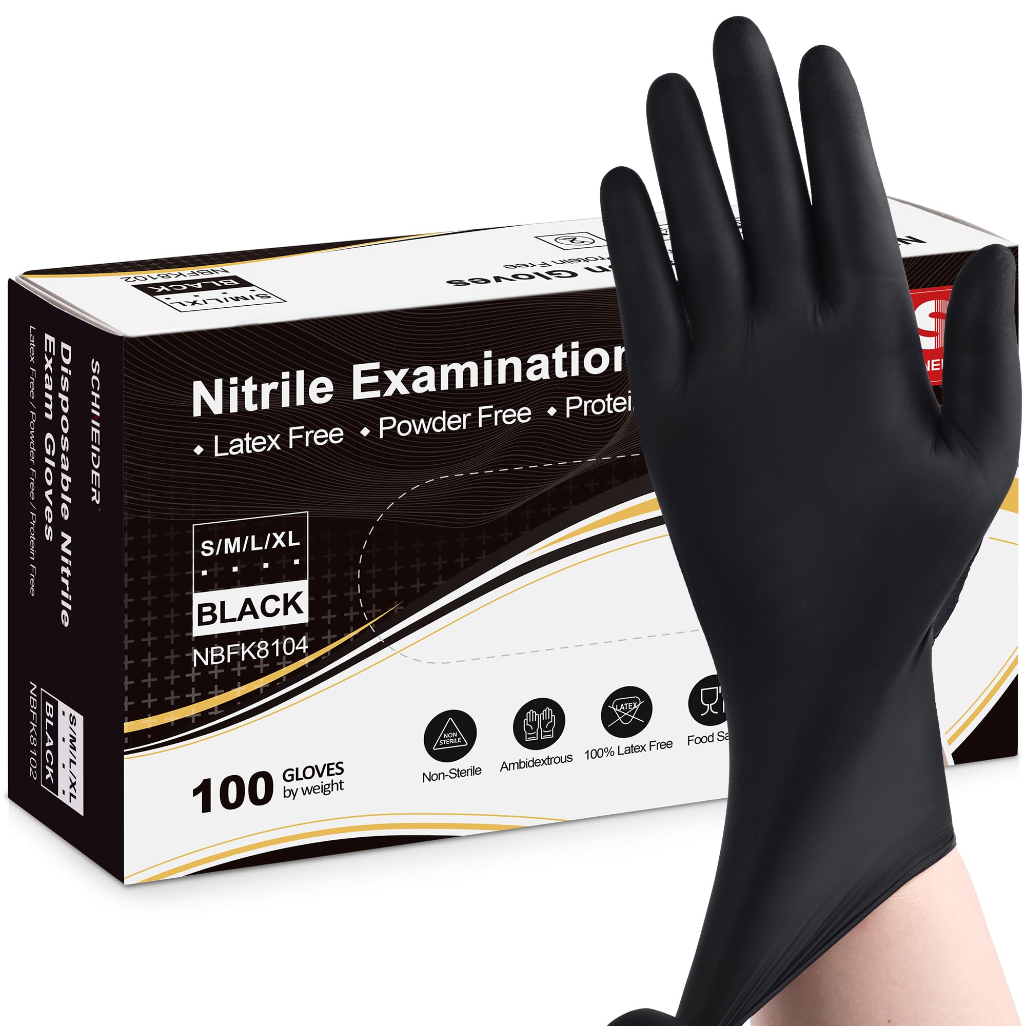 Schneider Nitrile Exam Gloves, Black, XL, Box of 100, 5 mil Disposable Nitrile Gloves, Latex Free, Powder Free, Food Safe, Non-Sterile - for Medical, Cleaning & Cooking Gloves, Rubber Gloves