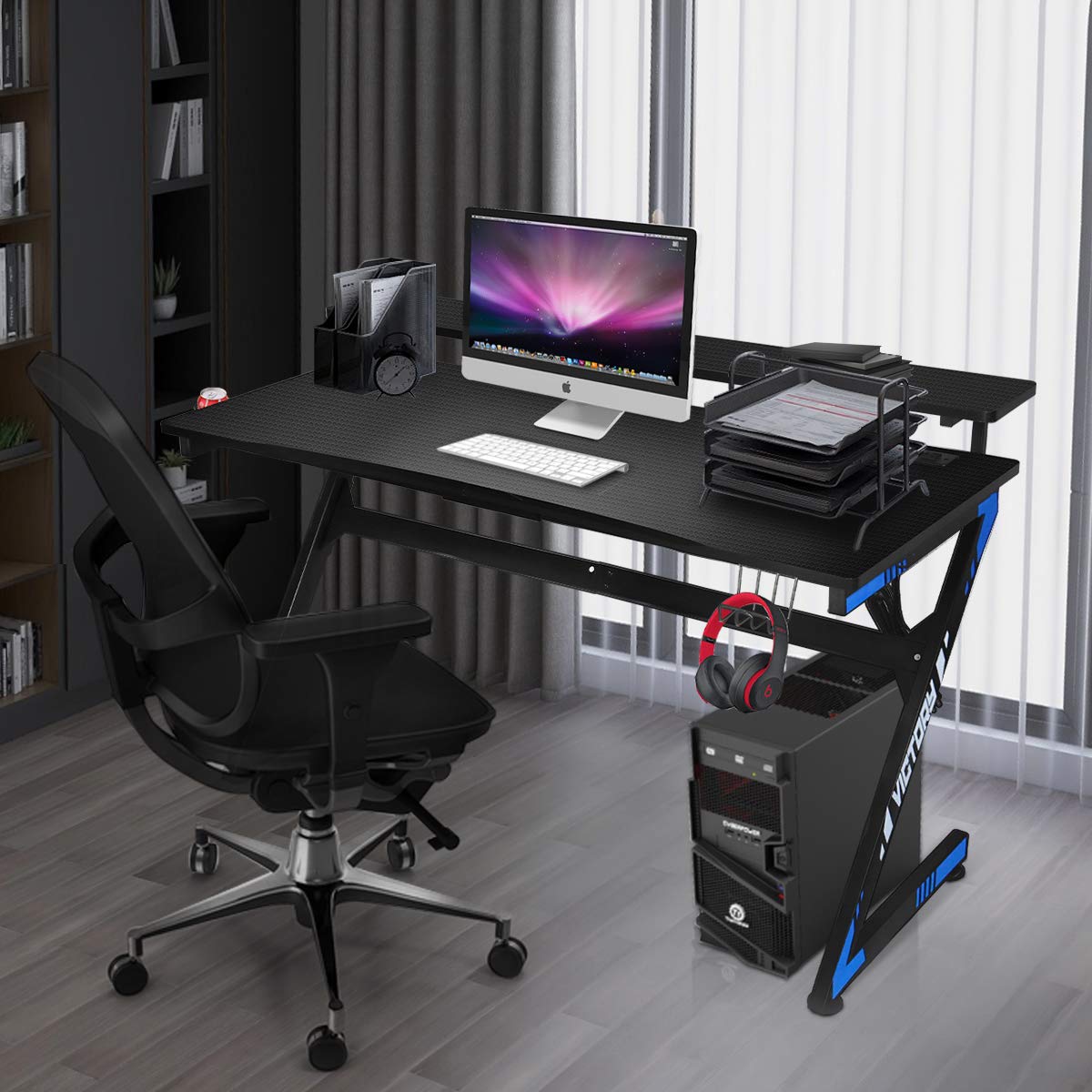 YIGOBUY Large Gaming Desk 55 Inch Computer Gaming Desk E-Sports Racing Table with with Cup Holder, Headphone Hook for Home Office, Black