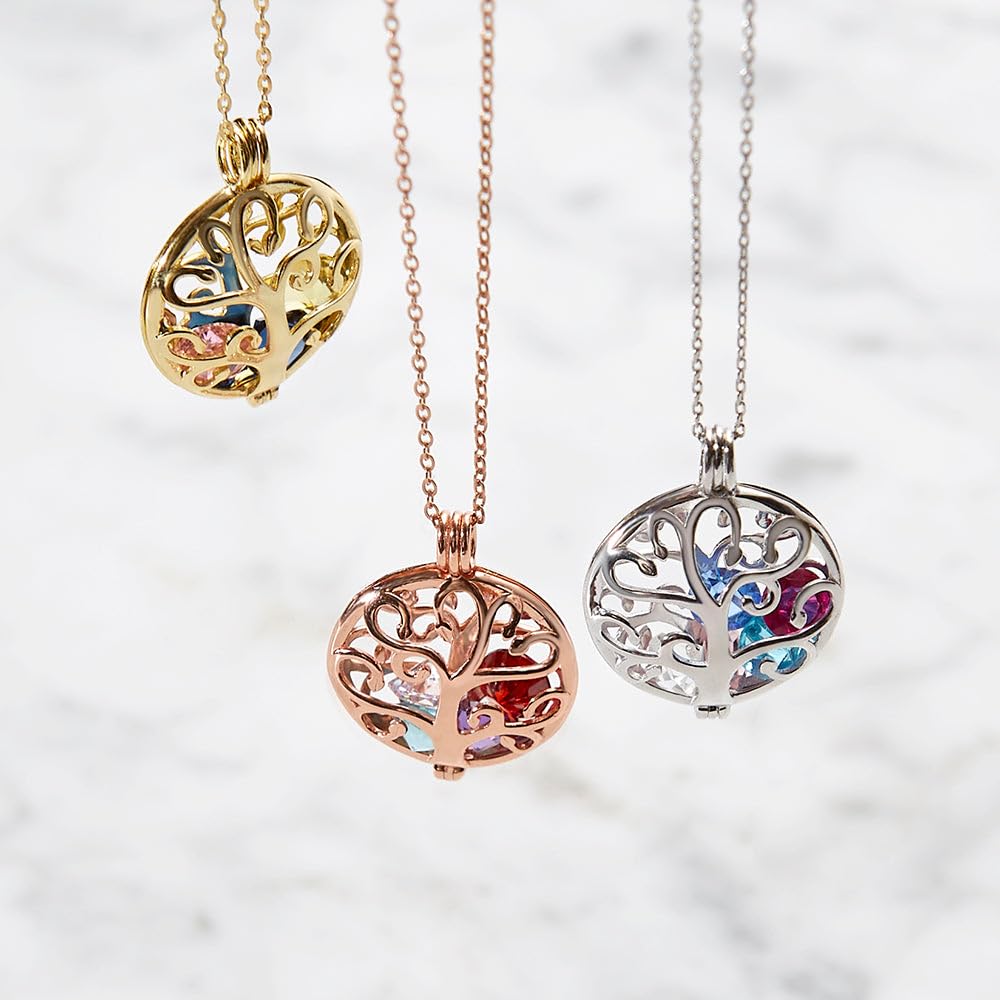 Women's Sterling Silver Personalized 6mm Round Simulated Birthstone Family Tree Locket (16" chain) - Personalized Birthstone Necklaces - Family Tree Jewelry - Gifts for Mom