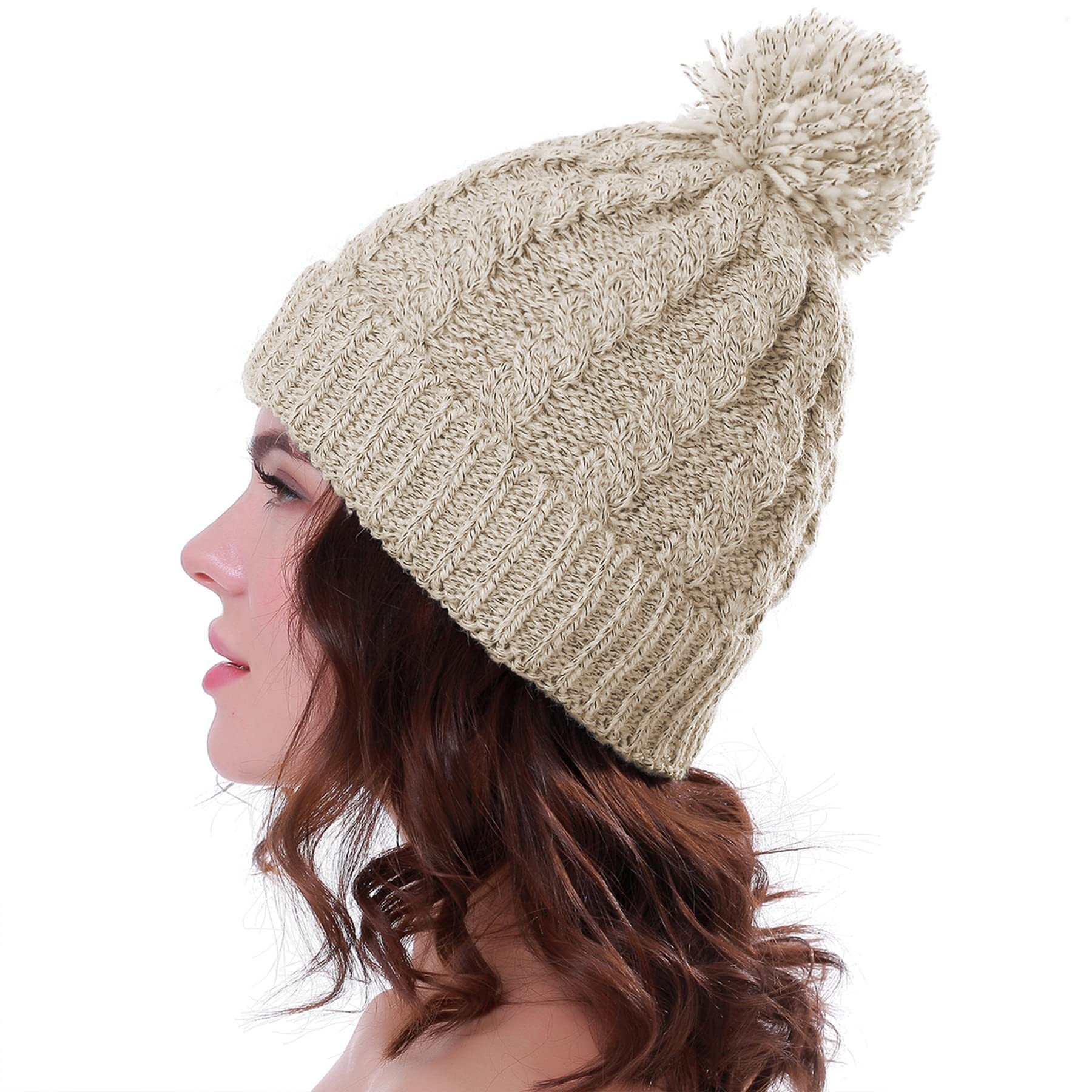 Women's Winter Beanie Warm Fleece Lining - Thick Slouchy Cable Knit Skull Hat Ski Cap(Black)
