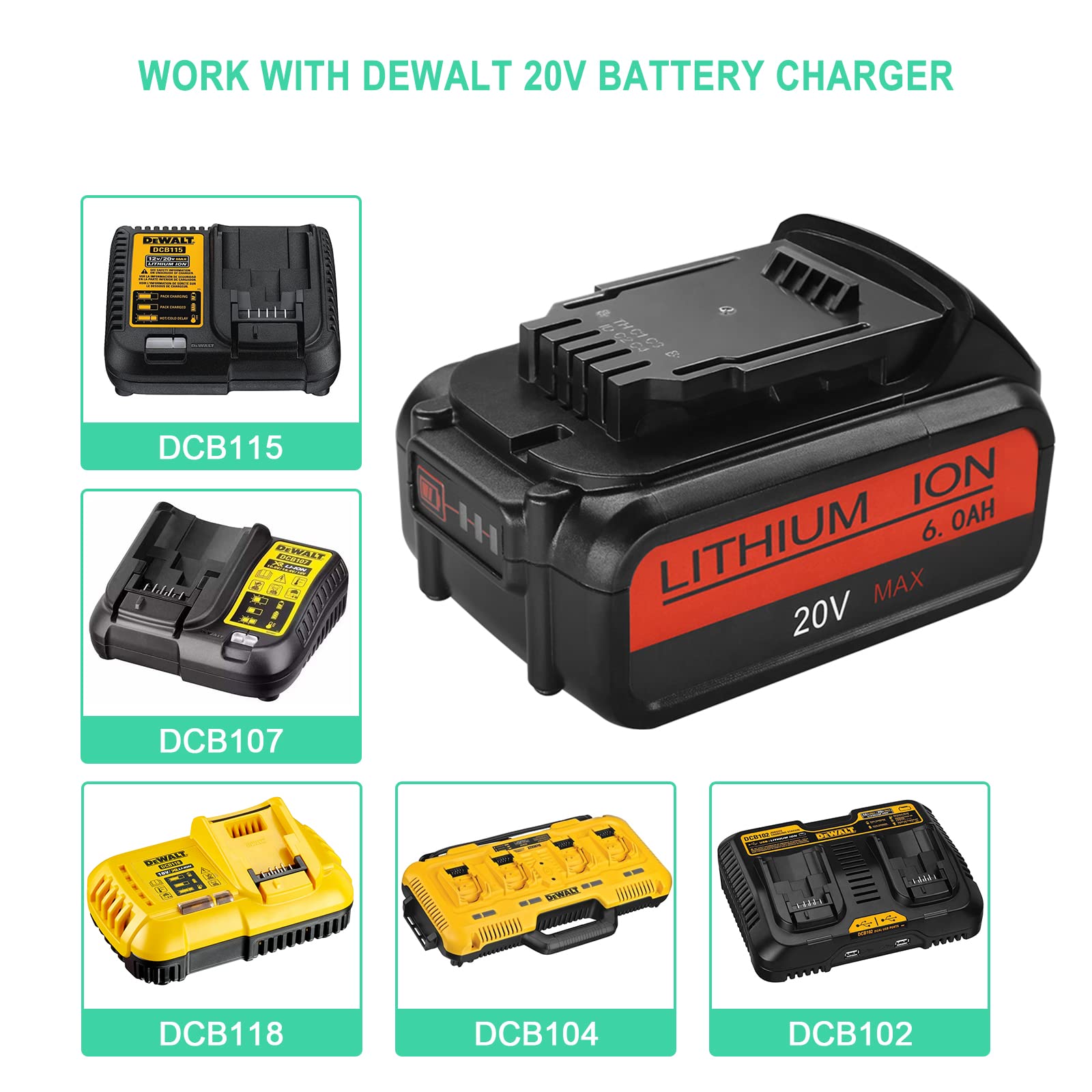 VIRSHX BATT 2Pack 20v 6.0Ah Replacement Lithium-ion Battery Compatible with Dewalt 20V Max Batteries XR DCB200 DCB201 DCB203 DCB204 DCB204BT-2