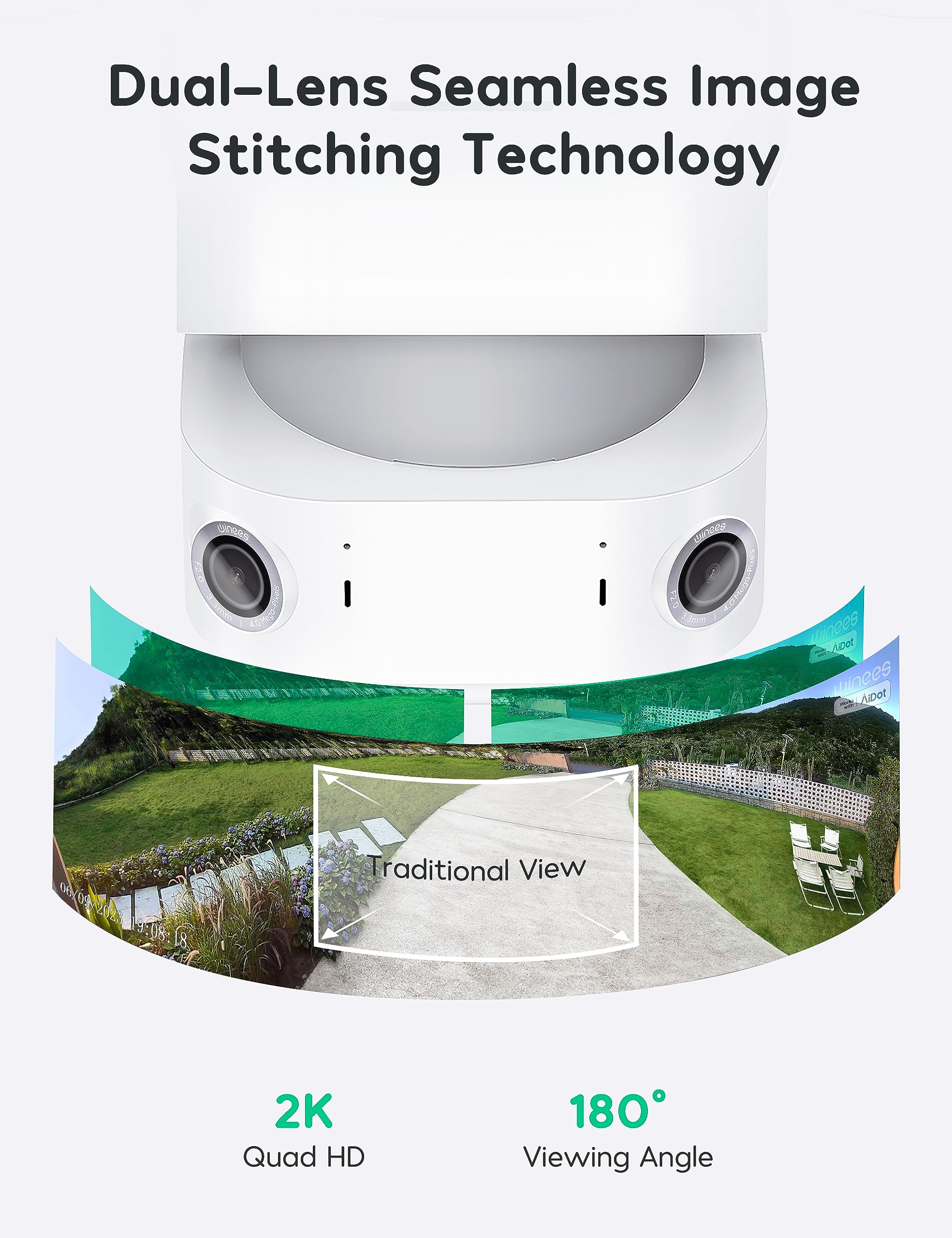 winees Floodlight Camera, Wired 2K HD Dual-Lens Outdoor Security Camera, 180 Degree Panoramic Motion Detection, 3000 Lumens, Color Night Vision, 110dB Siren, 2-Way Audio (White)