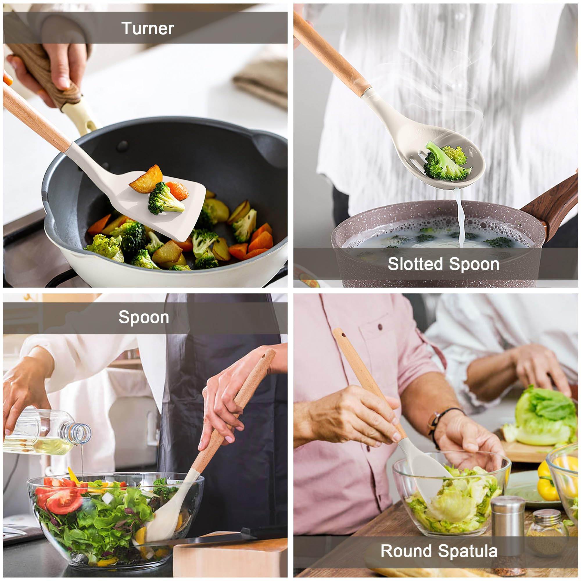 TeamFar 12Pcs Kitchen Cooking Utensils Set, Silicone Kitchen Gadgets Utensil Set for Nonstick Cookware with Wooden Handle, Spatula Spoon Turner, Non-Toxic & Non-Stick, Heat-Resistant, Black