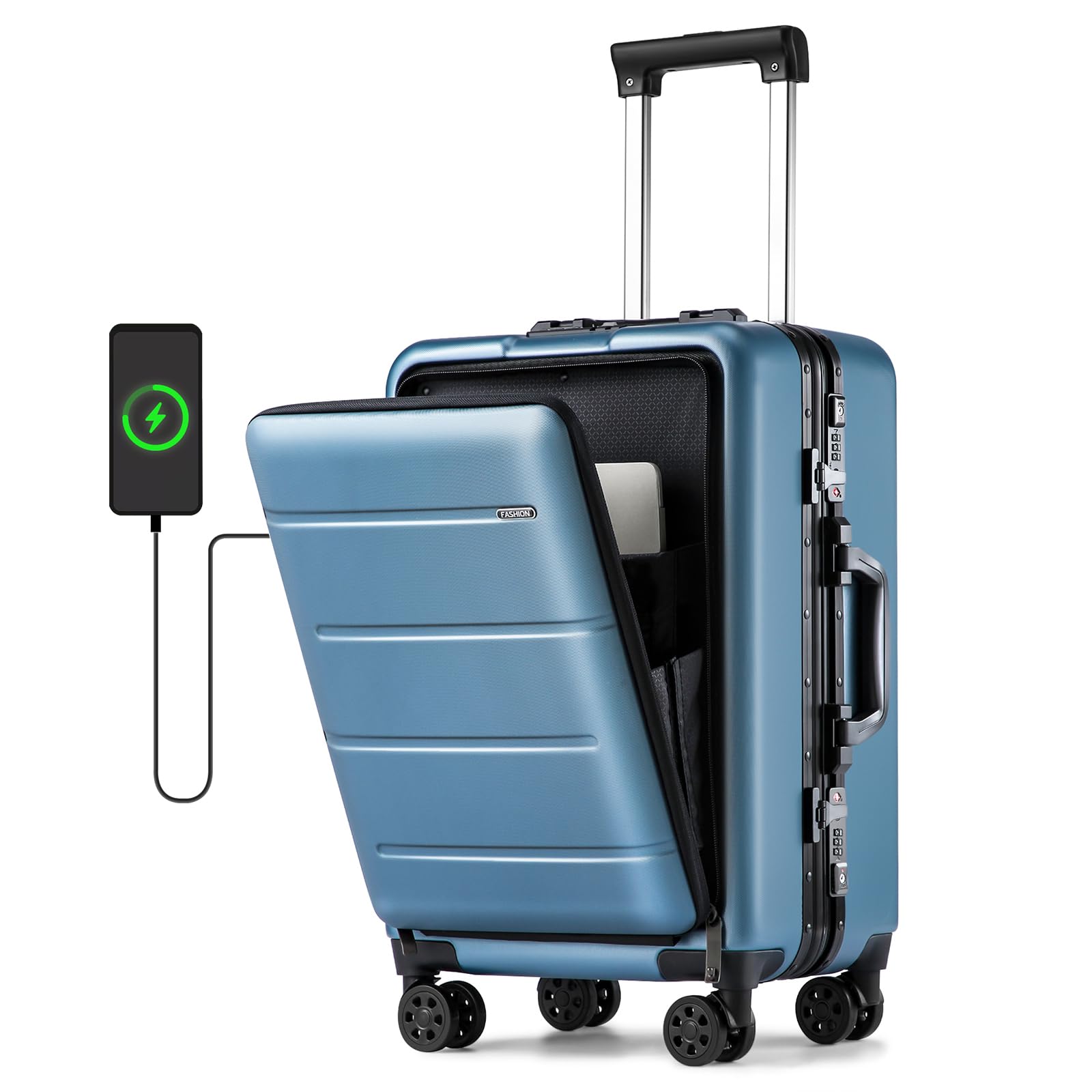 YUNASAY Aluminum Frame 22x14x9 Carry on Luggage with Front Compartment & USB Charging Port, PC Hardside Suitcase with Spinner Wheels TSA Lock for Travel Rolling Luggage (Blue, 20inch)
