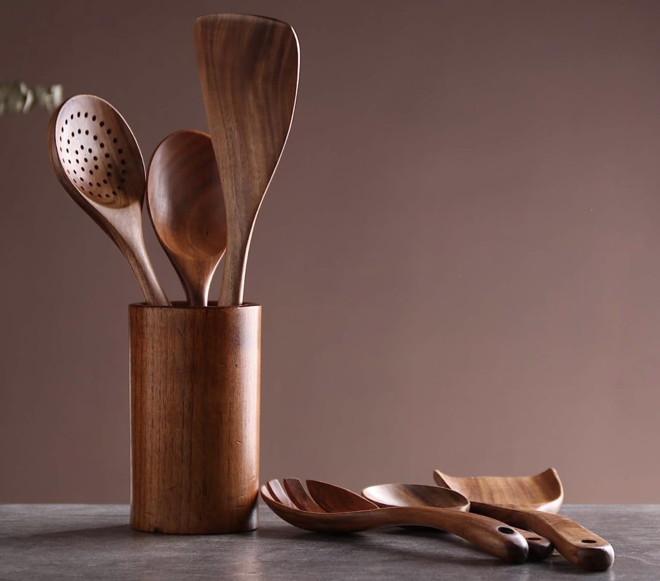 Wooden Spatula Spoons Set with Holder 7 Piece Set Teak Wood Handmade Wooden nonstick Utensils