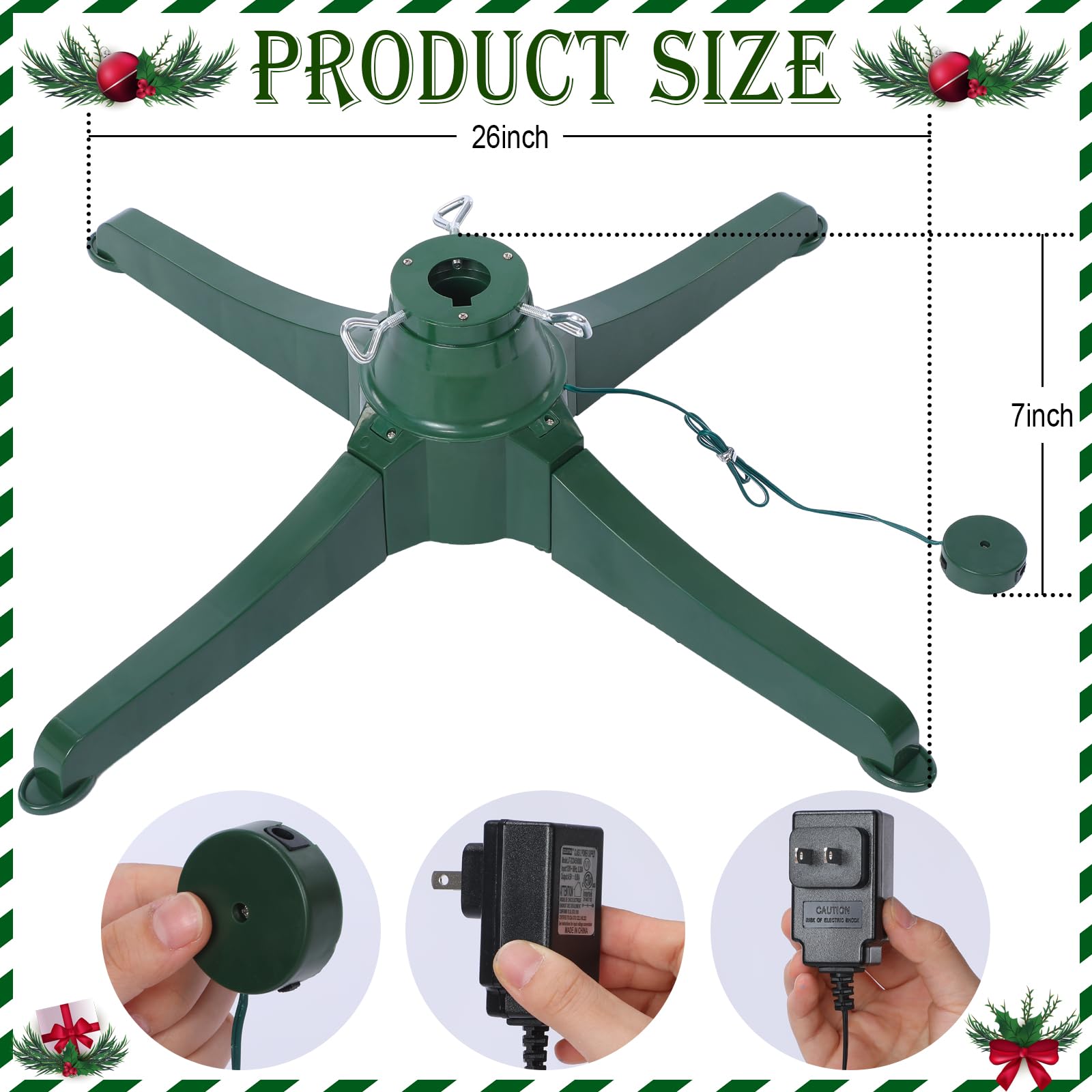 Xuhal 360 Degree Rotating Christmas Tree Stand Artificial Christmas Tree Stand Revolving Tree Spinner Stand Green Xmas Tree Base with Power Supply Adapter (25.98'', for Up to 7.5ft and 80 Pounds Tree)