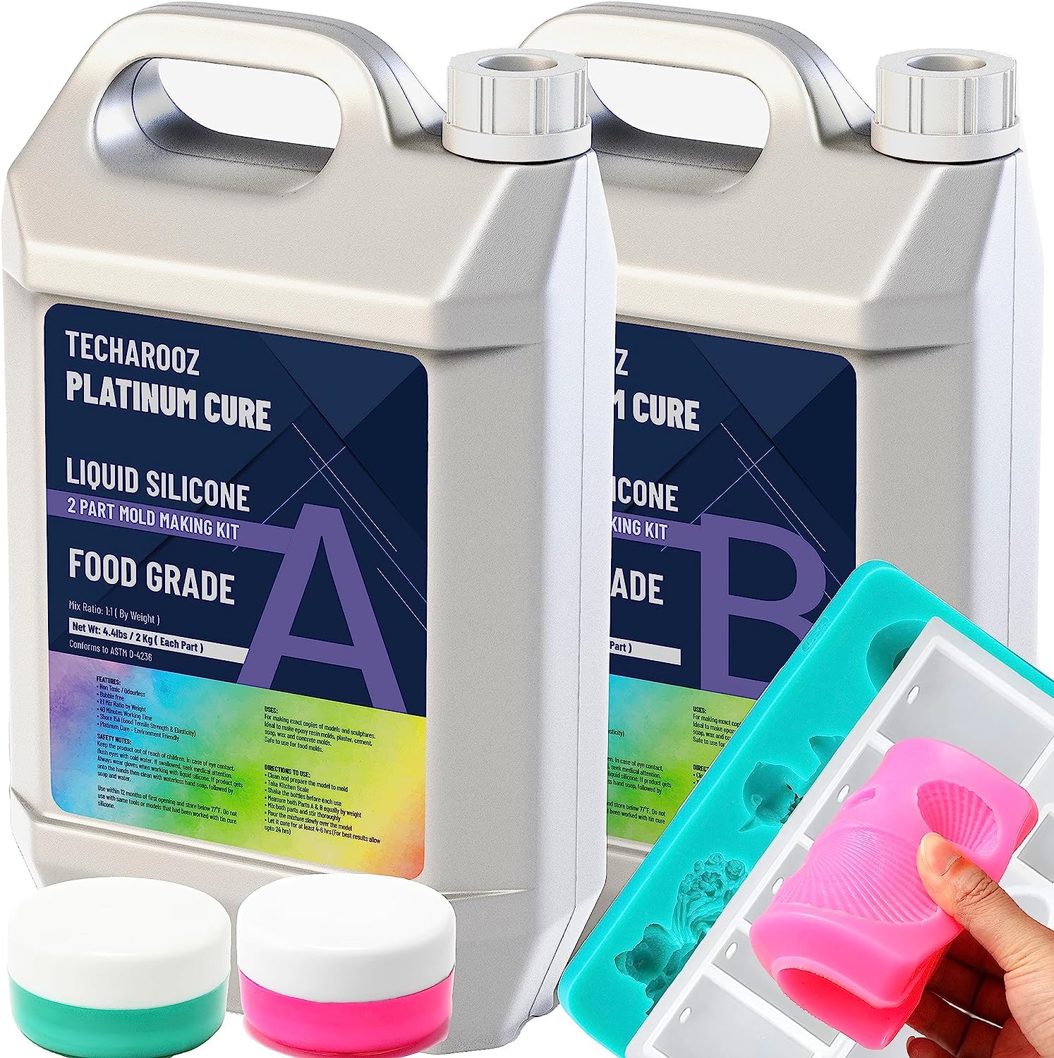 TECHAROOZ Liquid Silicone for Mold Making Kit 140 Oz/1 Gallon/8.8lb - Shore 20A Food Grade - DIY Mold Making Silicone Rubber for Casting Crafy Epoxy Resin, Soaps & Candles Molds (Clear, Aqua and Pink)