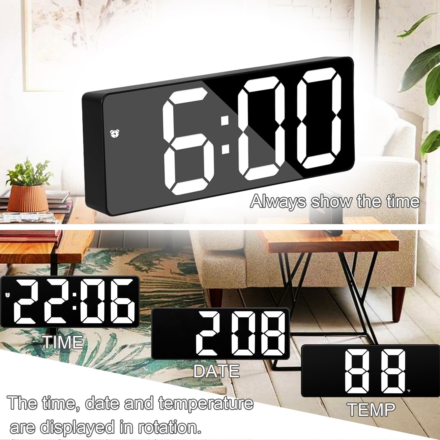 Yaboodn Digital Alarm Clock for Bedrooms, 6.5 inch LED Display with White Digits, 3 Levels Brightness Adjustable, Desk Alarm, Table Clock with 1 Alarm, 12/24H, Temperature, Corded Powered(White)