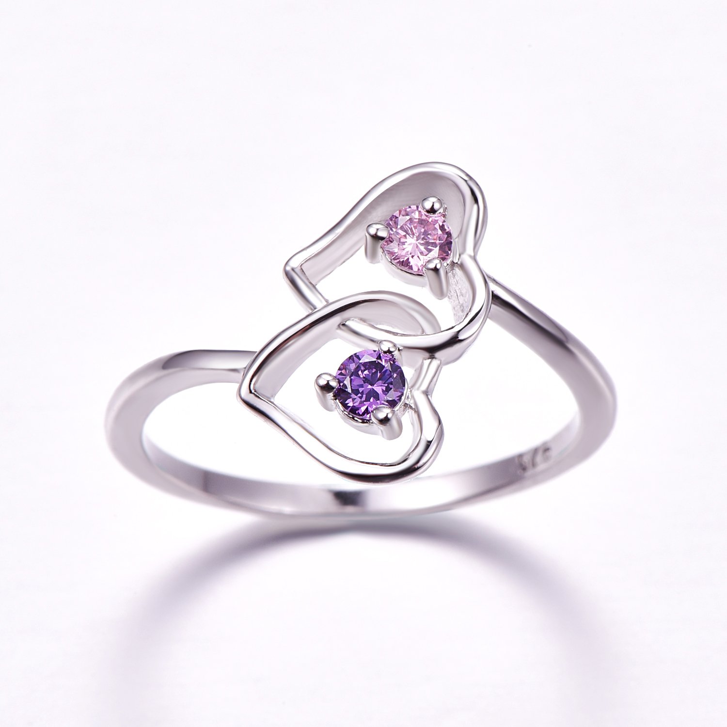 Veunora Silver Plated Created Amethyst and Pink Topaz Cubic Zirconia Filled 2-Stone Heart by Heart Forever Love Ring Women Gift Size 8