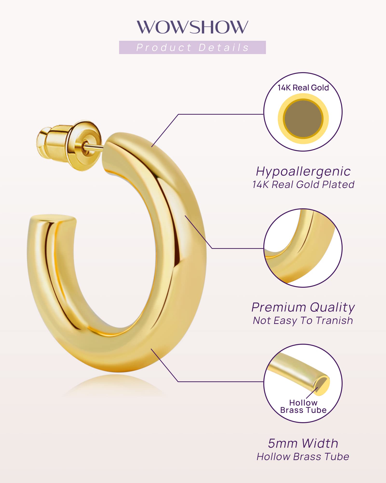 wowshow Chunky Gold Hoop Earrings, Small Gold Hoop Earrings for Women 14K Real Gold Plated 20mm Thick Open Hoops Lightweight