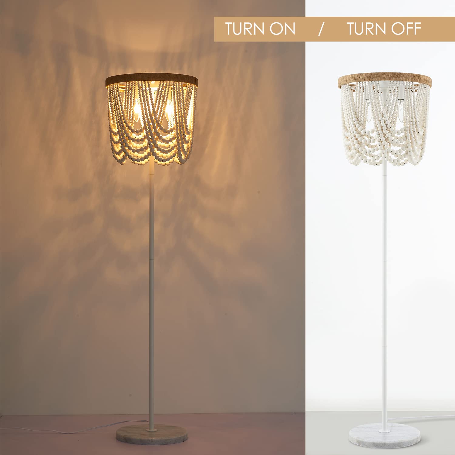 VILUXY Bohemia Wood Beaded Boho Floor Lamp Antique Rustic White Finishing for Bedroom, Nursery Room, Dining Room,Girl Room 3-Light