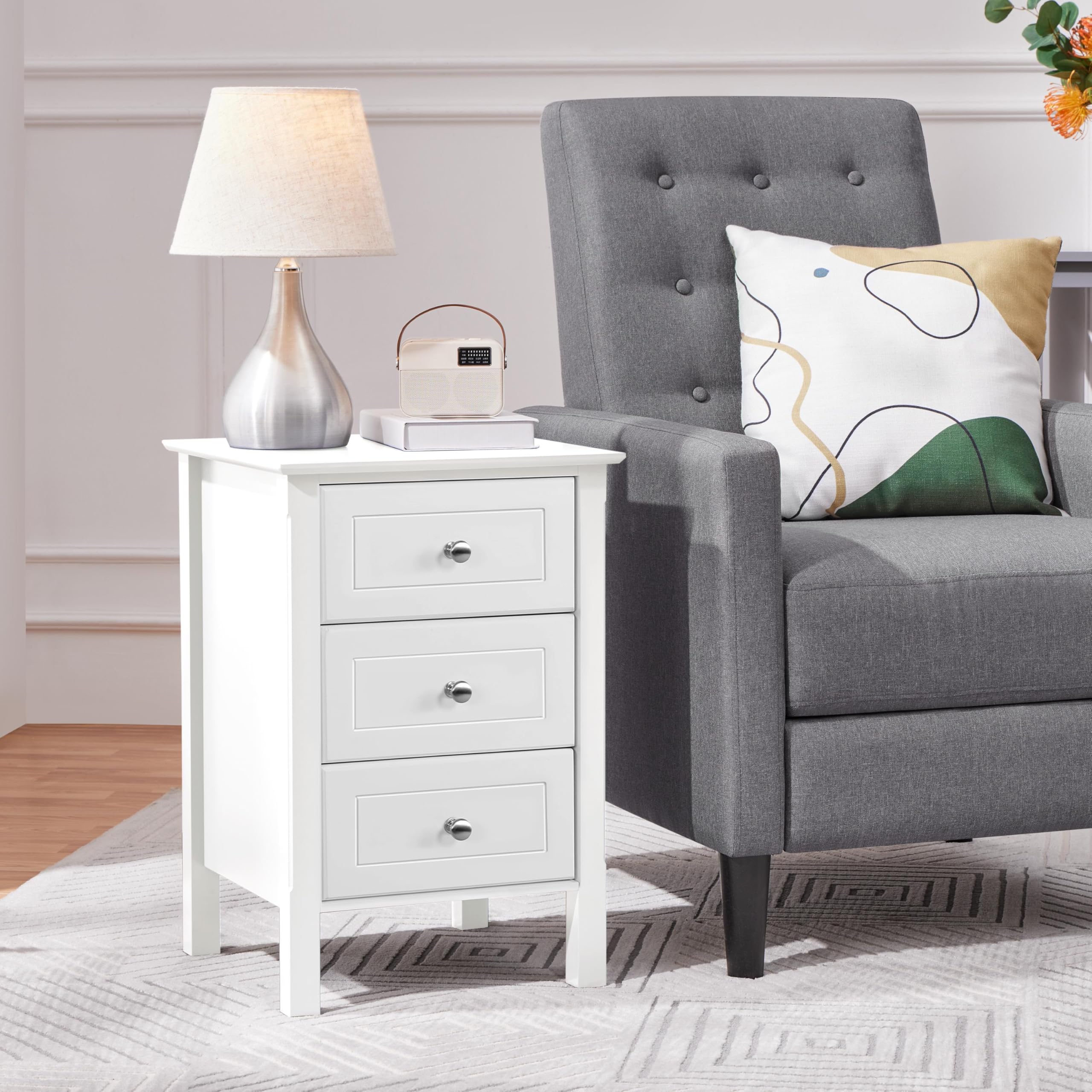 Yaheetech Bedside Table Set of 2, Nightstand with 3 Drawer and Solid Wood Legs, Accent Night Stand with Storage Cabinet for Bedroom and Home Office, 16″ L × 16″ W × 24″ H, White