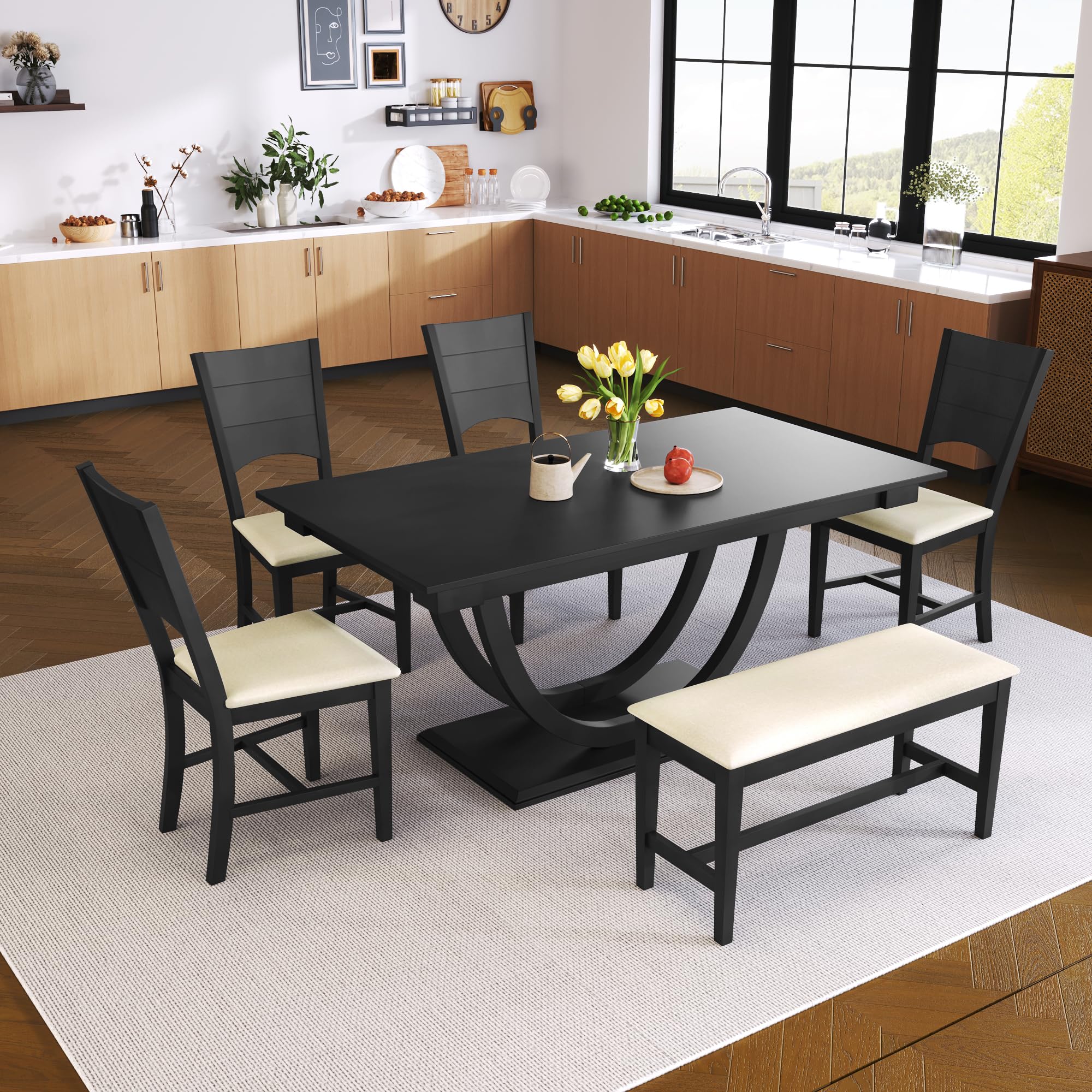 WOXYX Modern Style 6-Piece Wood Half Round Dining, Kitchen Tables-Set with Long Bench and 4 Chairs,Grey