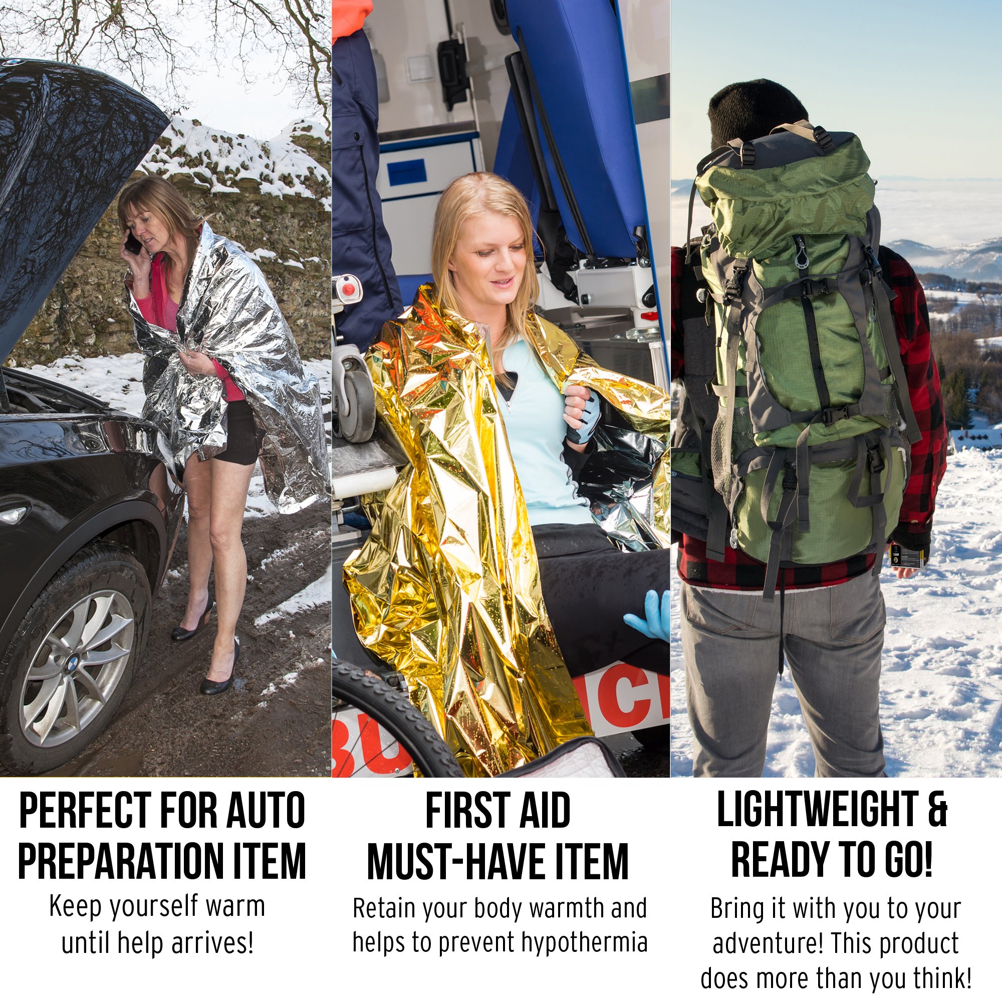 TEBRION 8 Packs Extra Large - 63β x 82β Double Sided Emergency Thermal Foil Authentic Mylar Space Blankets Designed for NASA - Perfect for Bug Out Bag, Survival Kit, Camping, Auto, Outdoors