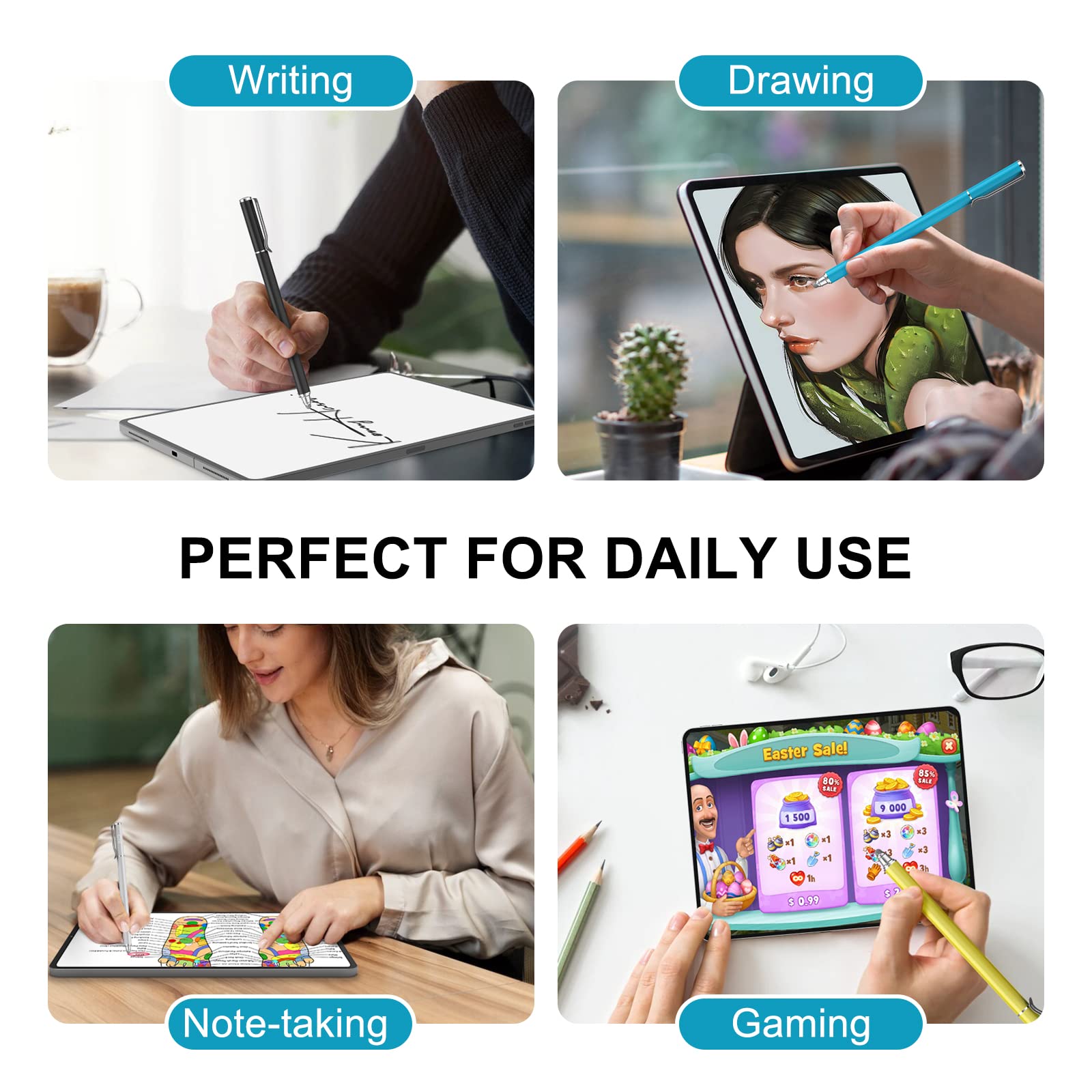 Universal Stylus Pens for Touch Screens - Bargains Depot New 5mm High-Sensivity Dual Fiber Tips Stylus for All Tablets & Cell Phones with 8 Extra Replaceable Tips (4 Pcs, Black/Aqua/Silver/Yellow)