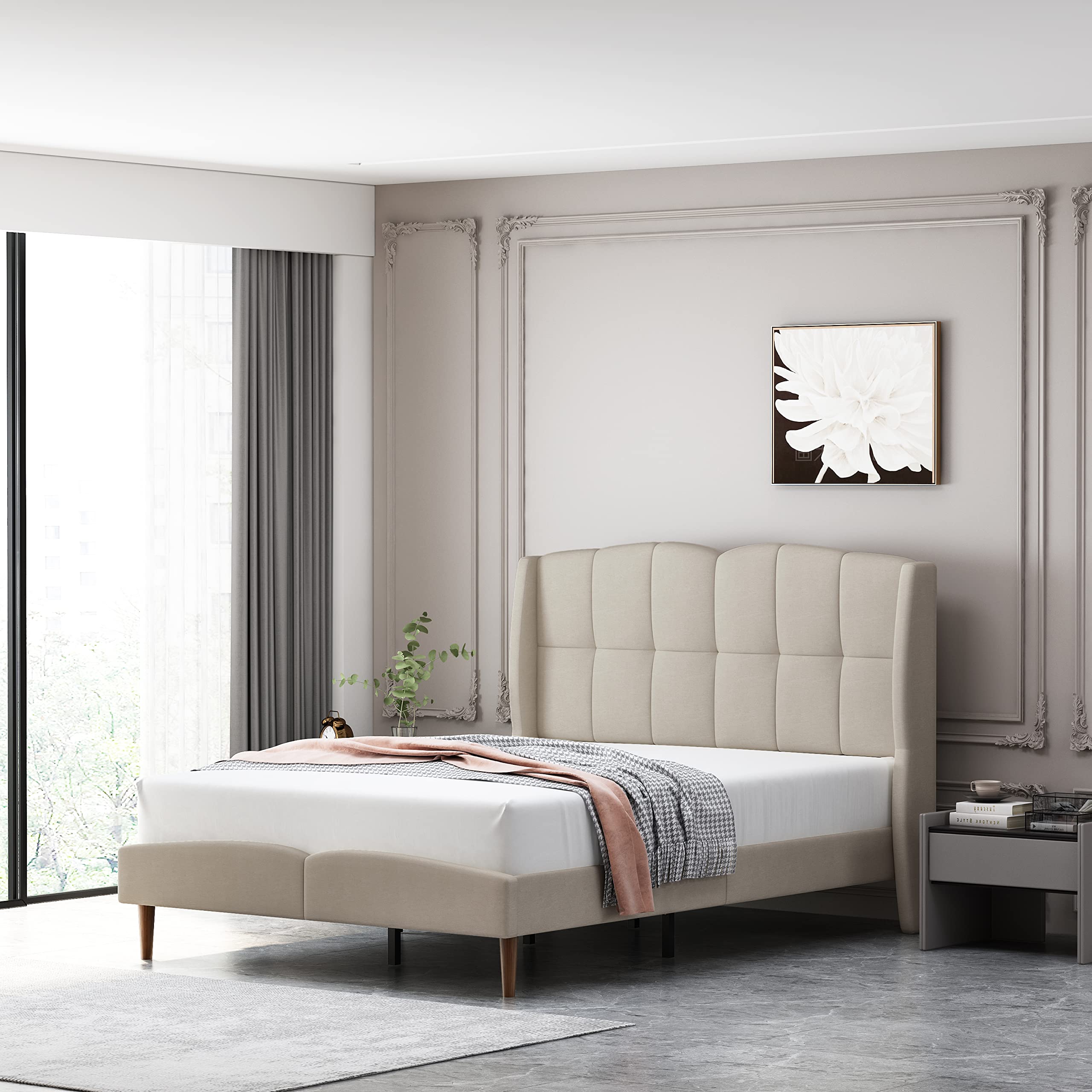 Zanmintaobo Upholstered Platform Bed Frame/Mattress Foundation/Wood Slat Support/No Box Spring Needed/Easy Assembly (Full, Beige)