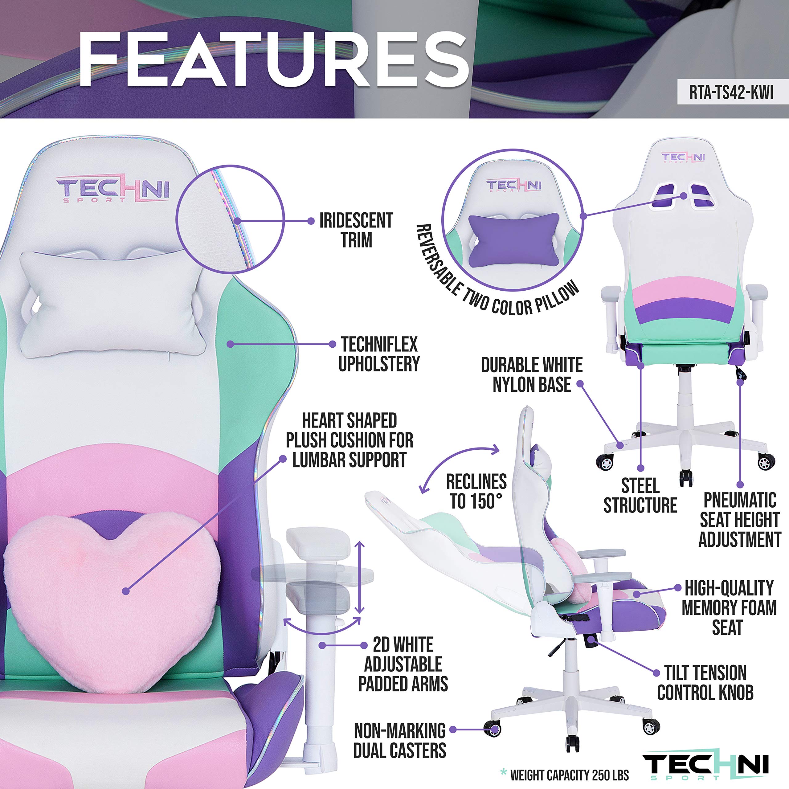 Techni Sport Gaming Chair Collection - Office Chair - Gaming Computer Chair - Recliner Chair - Back Support - Ergonomic & Adjustable - Lumbar Support Leather Gaming Chair (TS42, Multicolor)