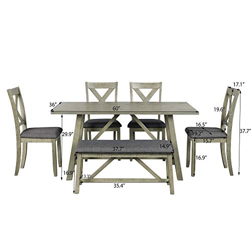 WOZNLA Wood 6, Rustic Style Kitchen Dining Room Set with 1 Table, 1 Bench & 4 Padded Chairs, Gray, 60" x 35", Grey