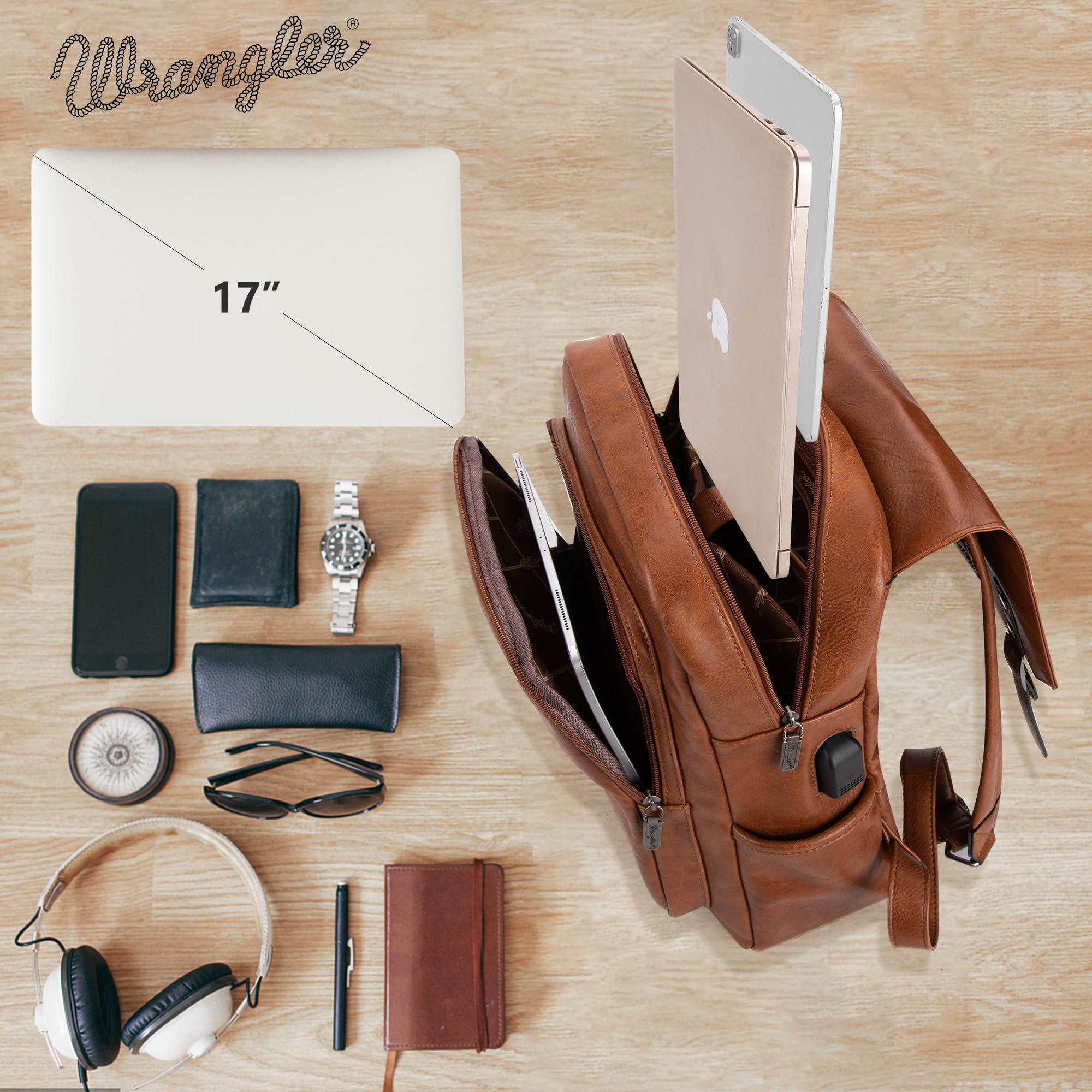 Wrangler PU Leather Backpack for Women & Men Business Travel Backpack College Vintage Laptop Brown Backpack with Charger