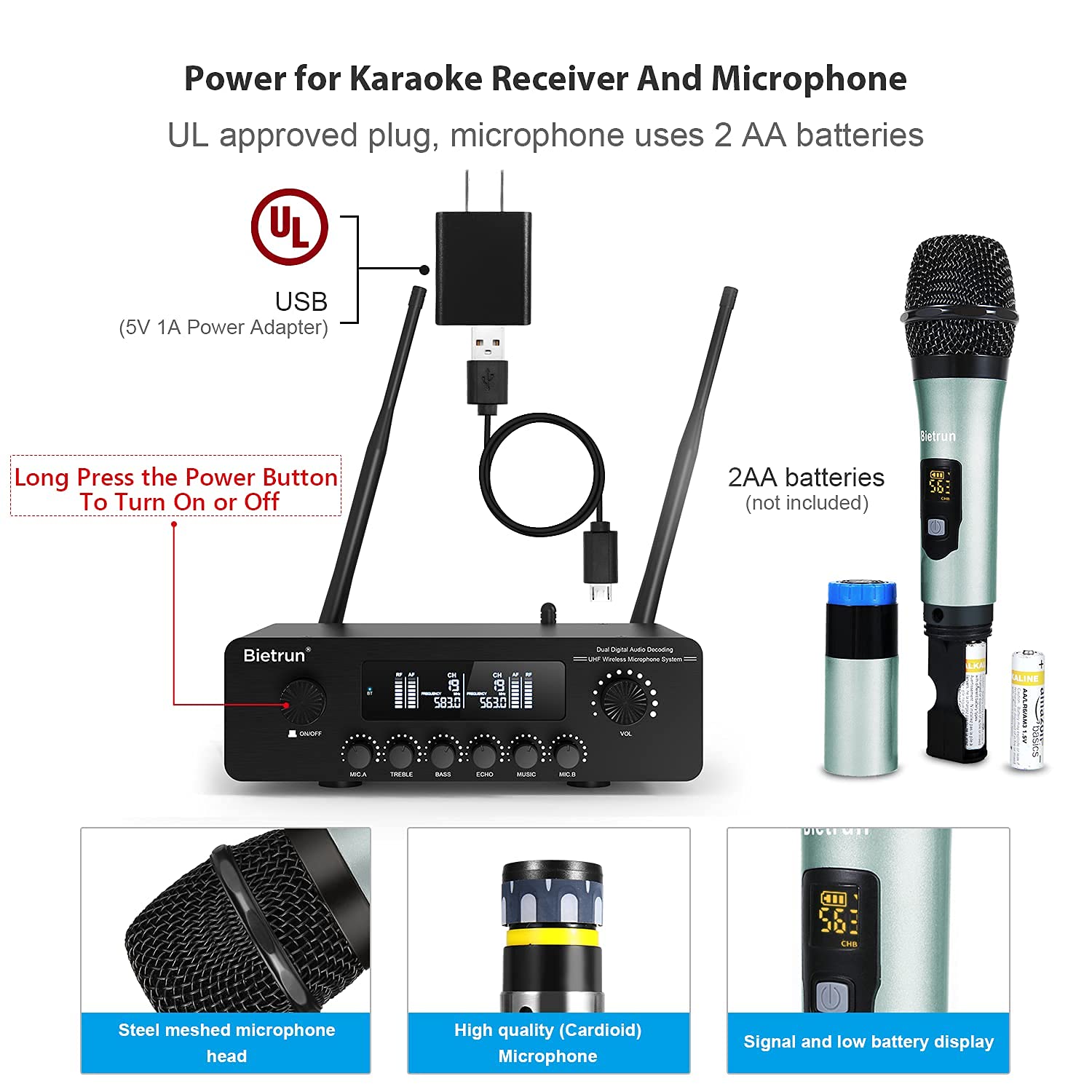Wireless Microphone with Bluetooth&Echo/Treble/Bass, 165 ft Range, Bietrun UHF Dual Handheld Cordless Dynamic Mic System for PA System/AMP/Home TV Karaoke/Bluetooth Speaker/(1/4''&1/8‘’AUX Interface)