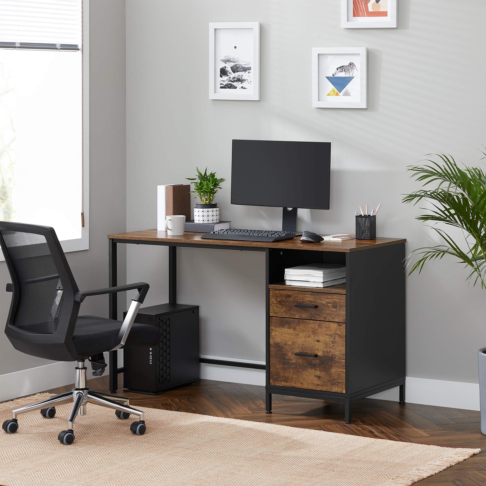 VASAGLE Computer Desk with Drawers, Writing Study Desk with File Cabinet, PC Desk for Home Office, Industrial Style, Rustic Brown and Black ULWD052B01