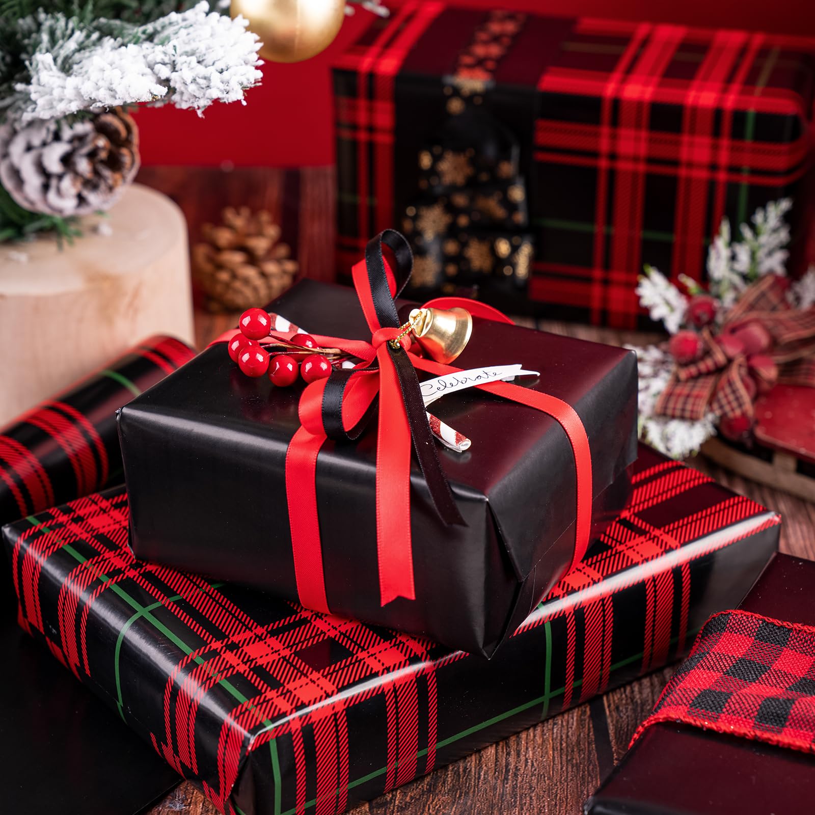 WRAPAHOLIC Reversible Christmas Wrapping Paper - Mini Roll - 17 Inch X 33 Feet - Merry Christmas Lettering and Solid Red Design for Chrsitmas, Holiday, Party Celebration