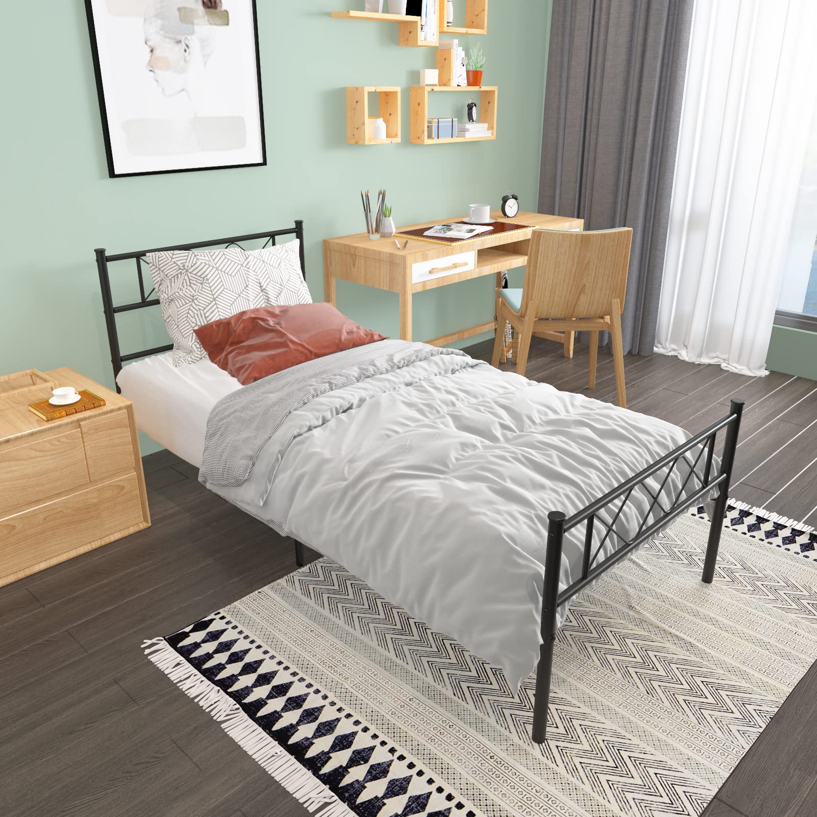 Weehom Metal Twin Bed Platform Frame Heavy Duty Steel Slat Under Bed Storage, Gold