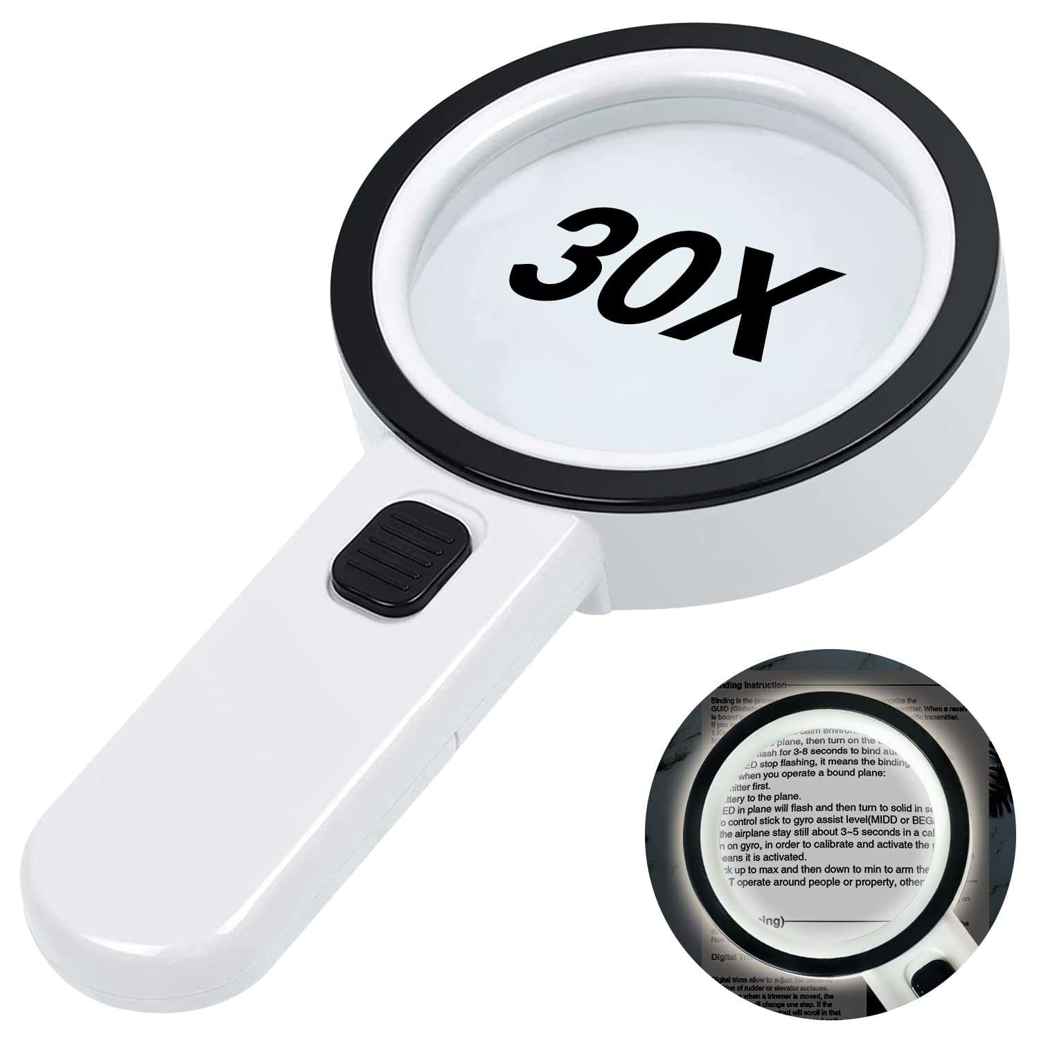 VOLANTEXRC Magnifying Glass with Light, Handheld Magnifying Glass 30X 12 LED Lighted Magnifier Illuminated Magnifying Glass for Low Vision Seniors Reading, Soldering, Inspection, RC Plane Instructions