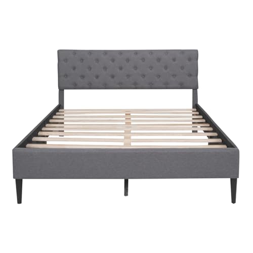 TURRIDU Queen Size Platform Bed,Upholstered Linen Platform Bed Frame with Deep Button Tufted Headboard,Wooden Slats Support,No Box Spring Needed,Gray