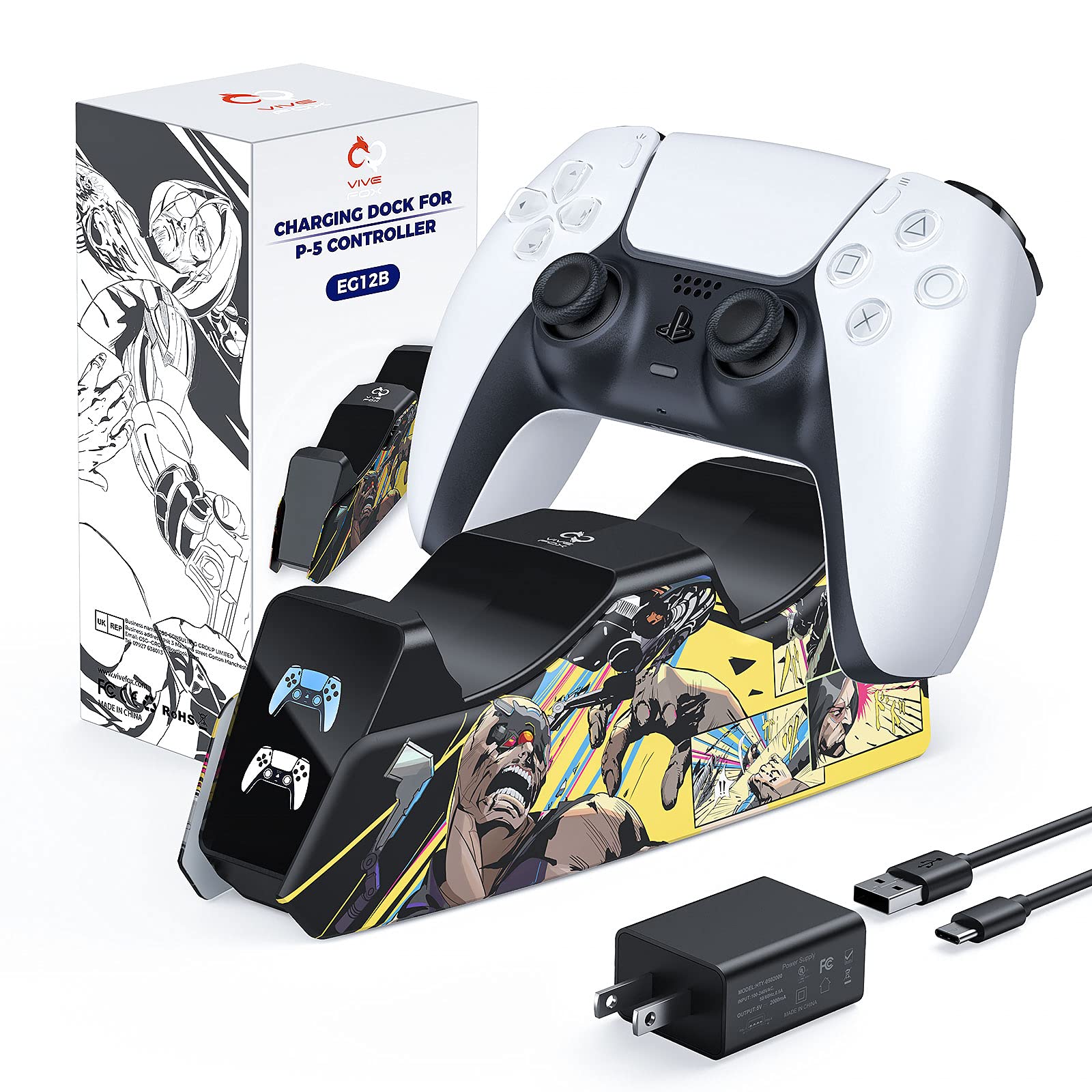 Vivefox PS5 Charging Station, PS5 Controller Charger Station for Dualsense Controller, Playstation 5 Dual Controller Charging Stand, Docking Station with Fast Charging Adapter PGWG-649