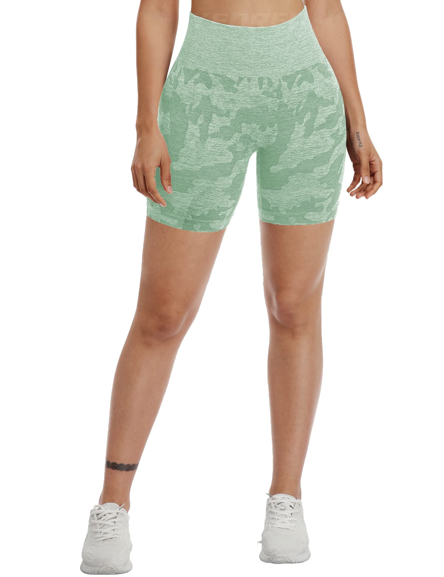 YEOREO Women Seamless Camo Workout Shorts High Waisted Gym Yoga Workout Sage Green M