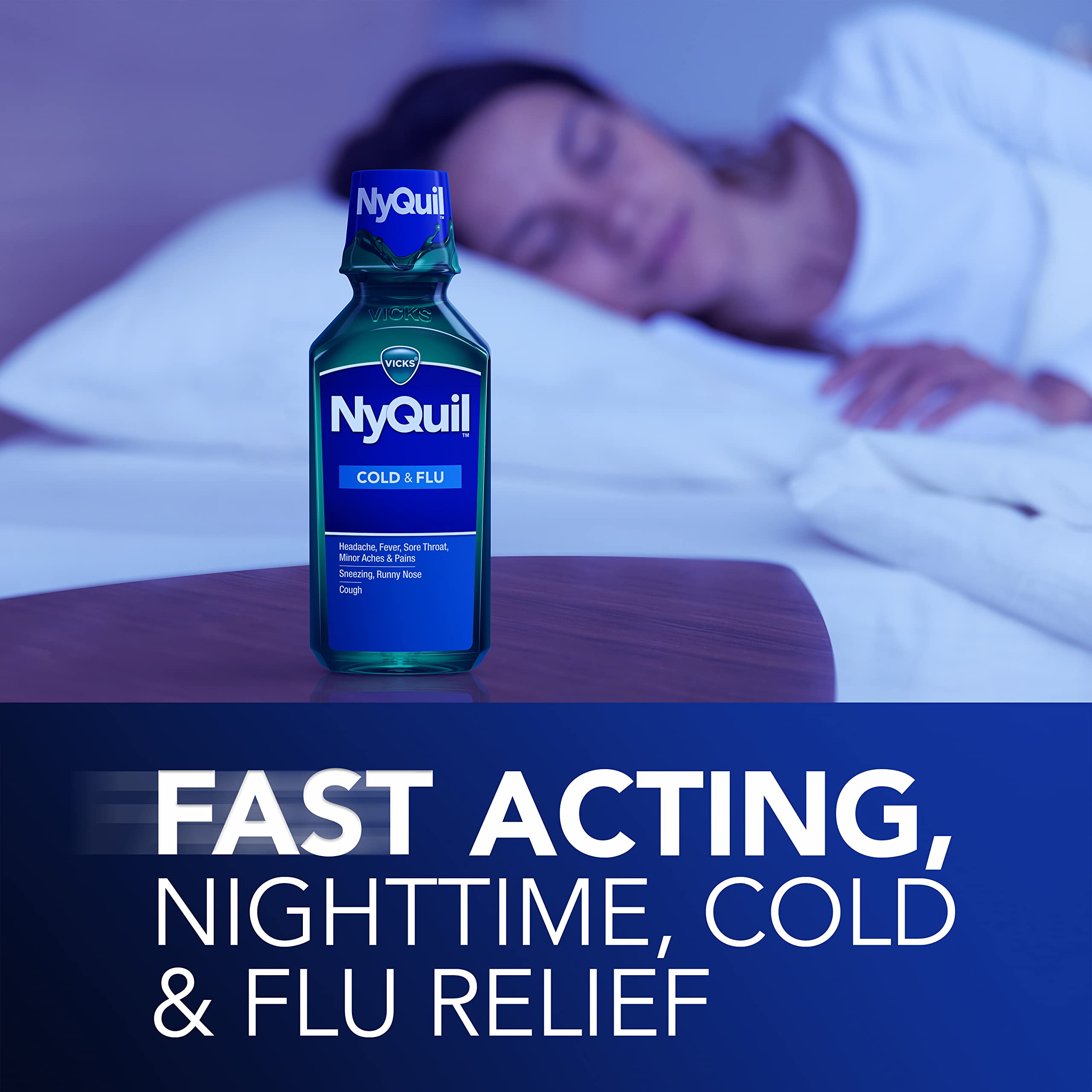 Vicks NyQuil, Nighttime Cold & Flu Symptom Relief, Relives Aches, Fever, Sore Throat, Sneezing, Runny Nose, Cough, 12 Fl Oz, Original Flavor
