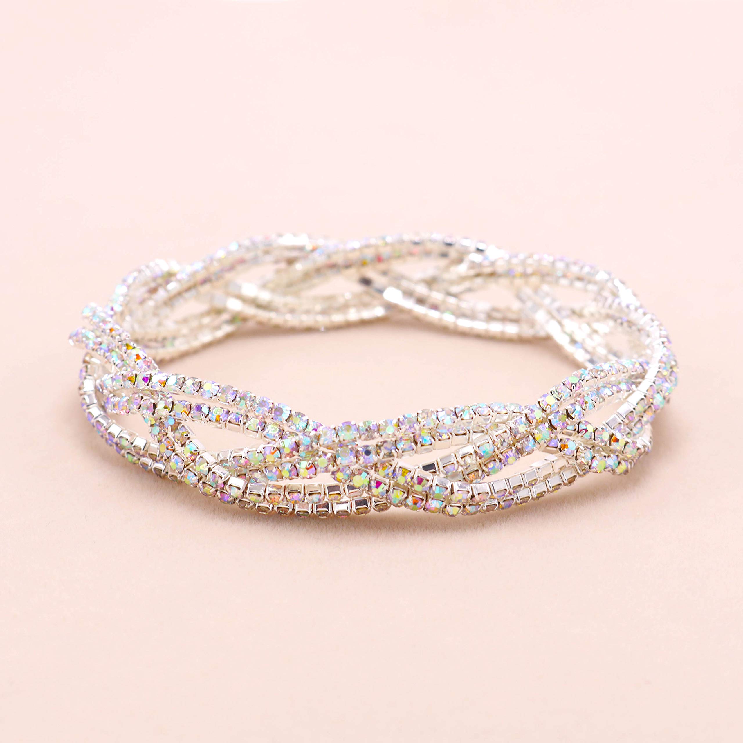 So Pretty Rhinestone Stretch Bracelet Silver Plated AB Color Crystal Bridal Bracelet for Wome.
