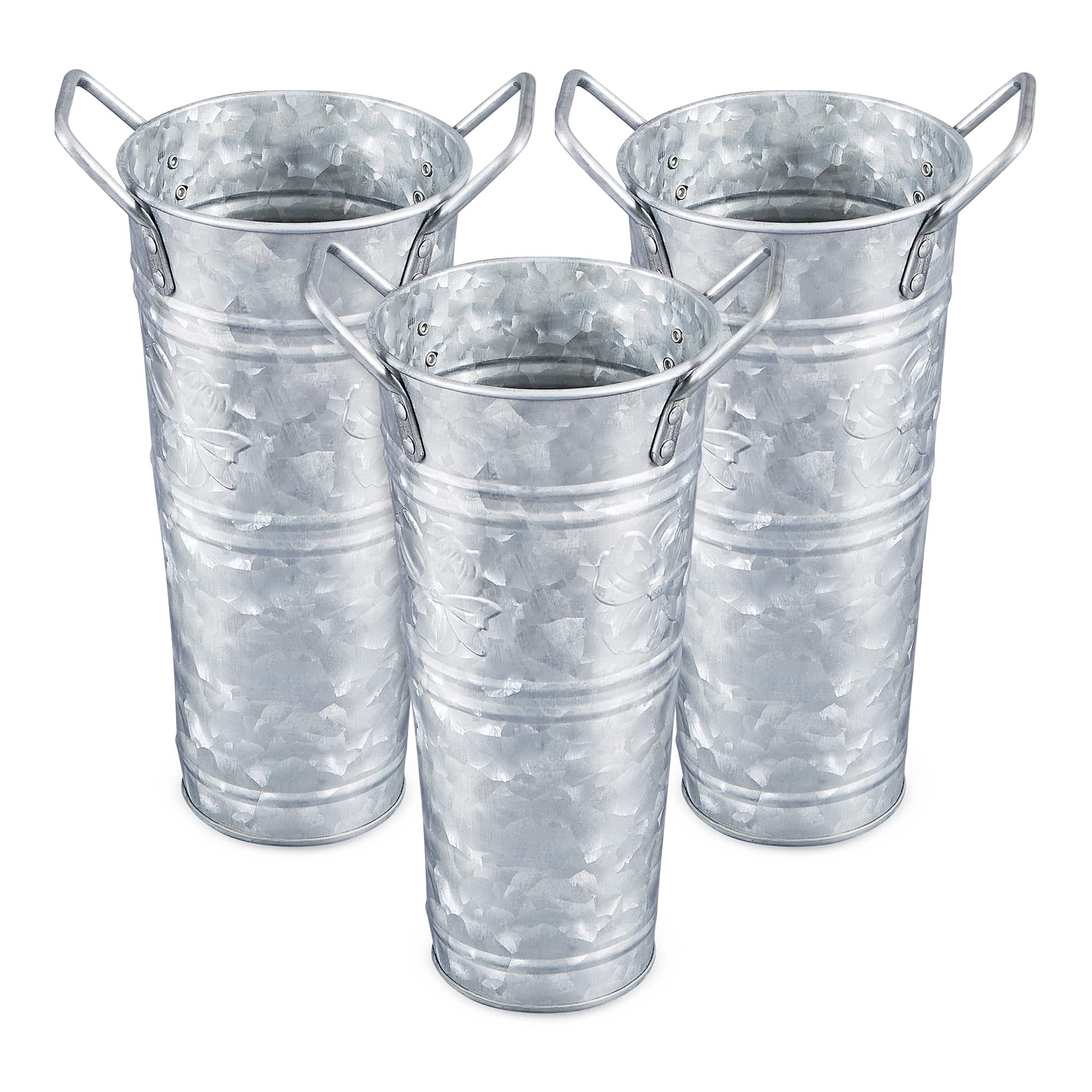 Walford Home Décor - Galvanized Metal Vases with Handles – Rustic Tall Metal Buckets - Country Wedding/Table Centerpiece Decorations – Vintage Style Flower Containers, 9 inch, Set of 12
