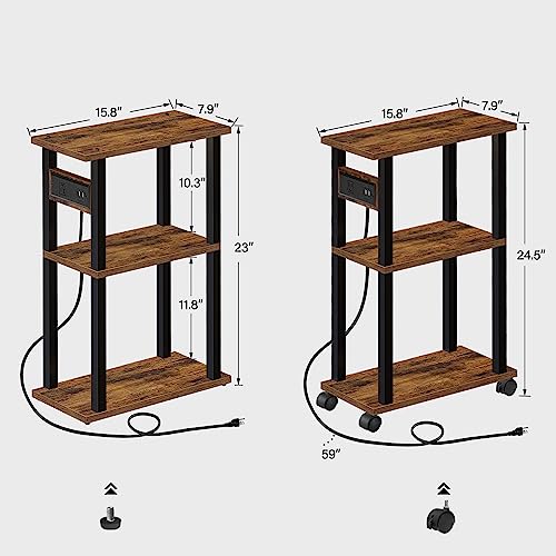 TUTOTAK Small Narrow Side Table with Charging Station, Skinny End Table for Small Spaces, Slim Nightstand with USB Ports and Outlet, Sofa Beside Table with Wheels, Brown TB01BB046
