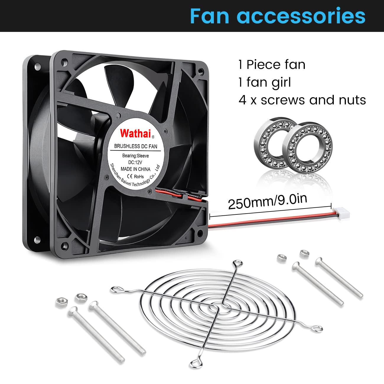 Wathai 120mm x120 x 38mm 12V 2Pin Dual Ball 12cm Industrial Cooling Fan High Airflow