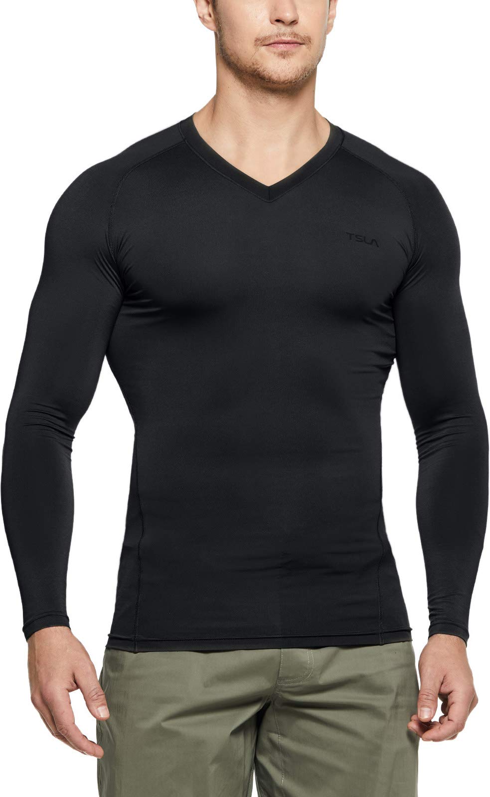 TSLA Men's Tactical V-Neck Long Sleeve Compression Shirts, Cool Dry Athletic Workout Shirt, Active Base Layer T-Shirts, V Neck Black, Medium