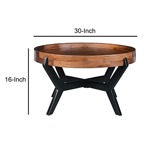 The Urban Port 30-Inch Industrial Round Acacia Wood Tray Coffee Table with Flared Metal Legs