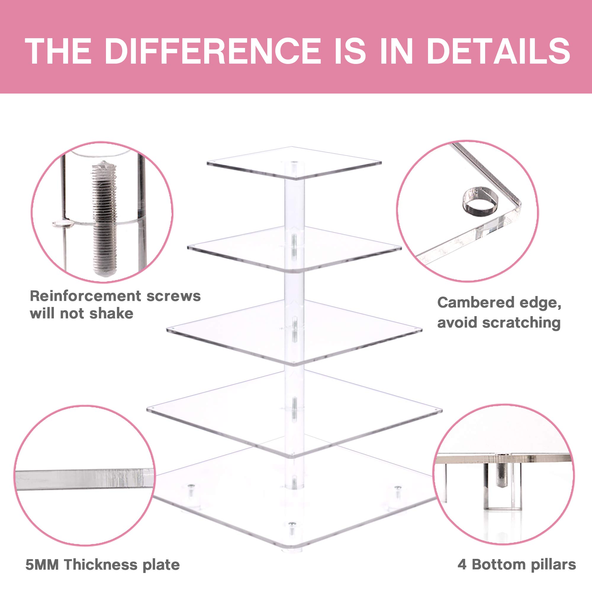 YestBuy Cupcake Stand – 5 Tier Premium Cupcake Holder – Acrylic Cupcake Tower Display – Cady Bar Party Décor –Acrylic Display for Pastry + LED Light String – Ideal for Weddings, Birthday (Pink)