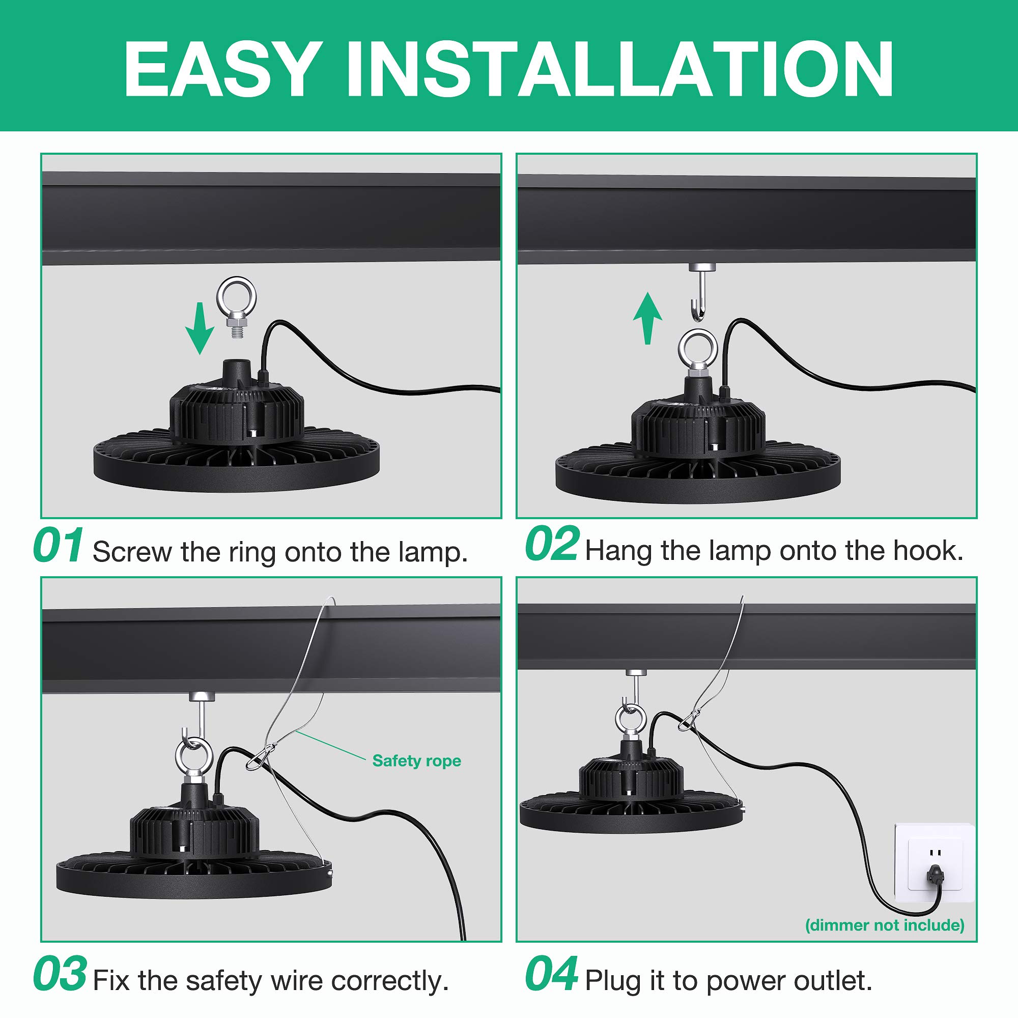 VCMAG 2 Pcs UFO LED High Bay Light, 150W, 21000 LM, 5000K Daylight, IP65 Waterproof, Commercial Warehouse/Workshop/Wet Location Area Lighting Fixture, Non-Dim, 5ft Cable with US Plug