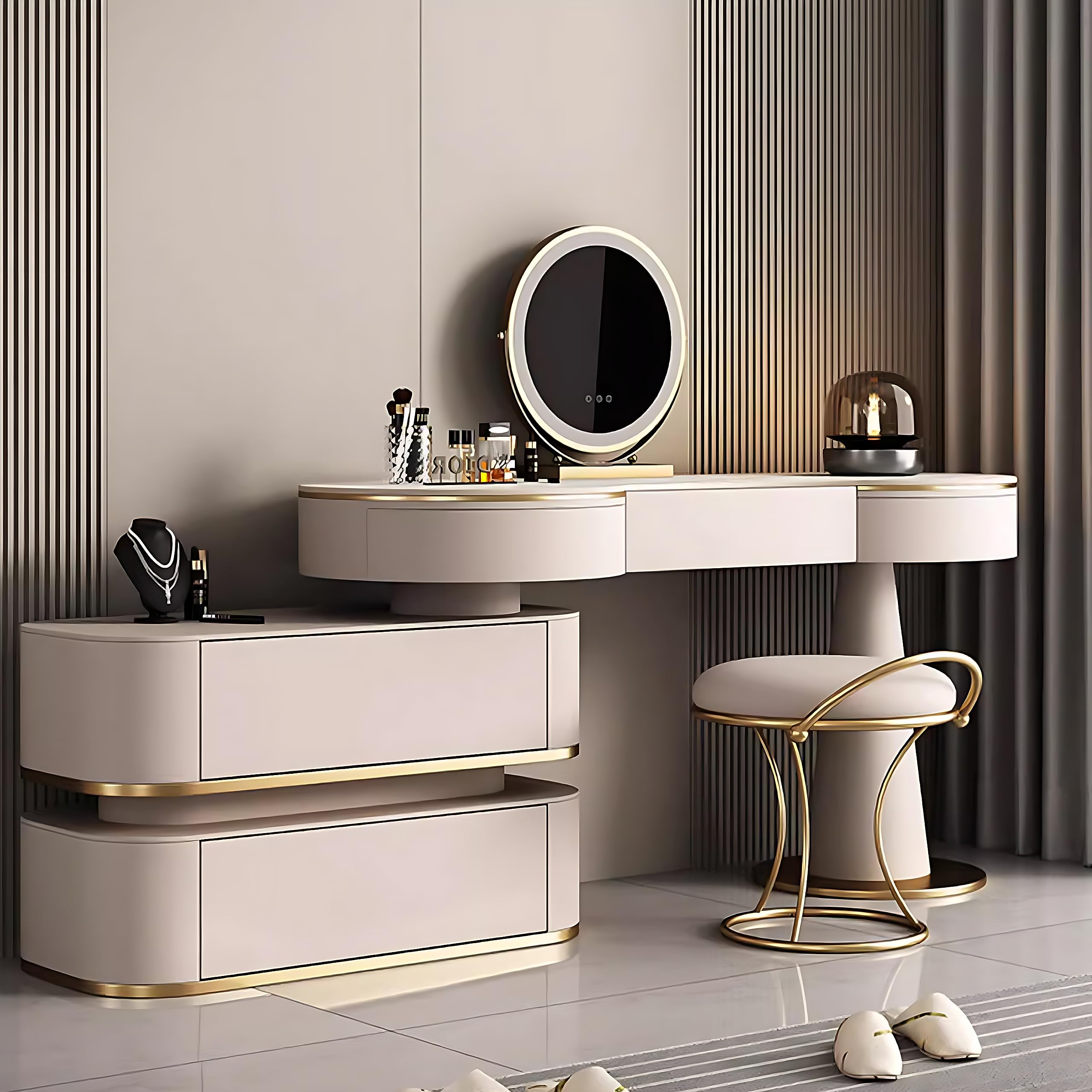 ZGNBSD Luxury Vanity Set - Elegant Makeup Table with Intelligent Mirror, Organized Storage & Comfortable Vanity Chair Solid Wood Bedroom Vanity for Her