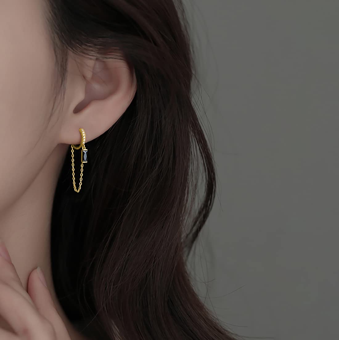 SLUYNZ 925 Sterling Silver Dangle Hoop Earrings for Women Minimalist Black CZ Hoop Earrings Tassel Chain (B-Gold Plated)