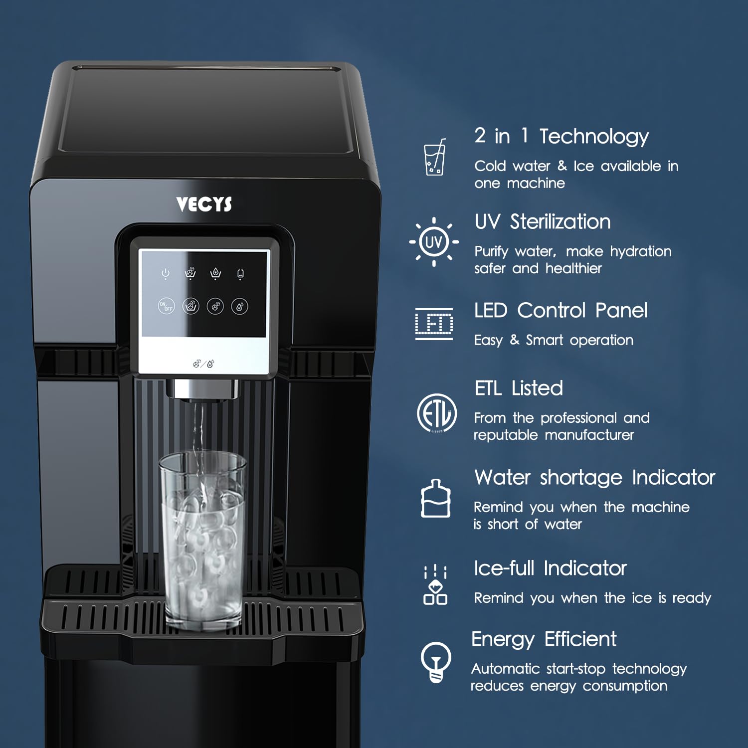 VECYS Water Dispenser with Ice Maker, 26LBS Daily Ice Making and Cold Water Supply, Bottom Loading Cooler Compatible with 3 or 5 Gallon Bottles, Ideal for Home and Office (No Hot Water)