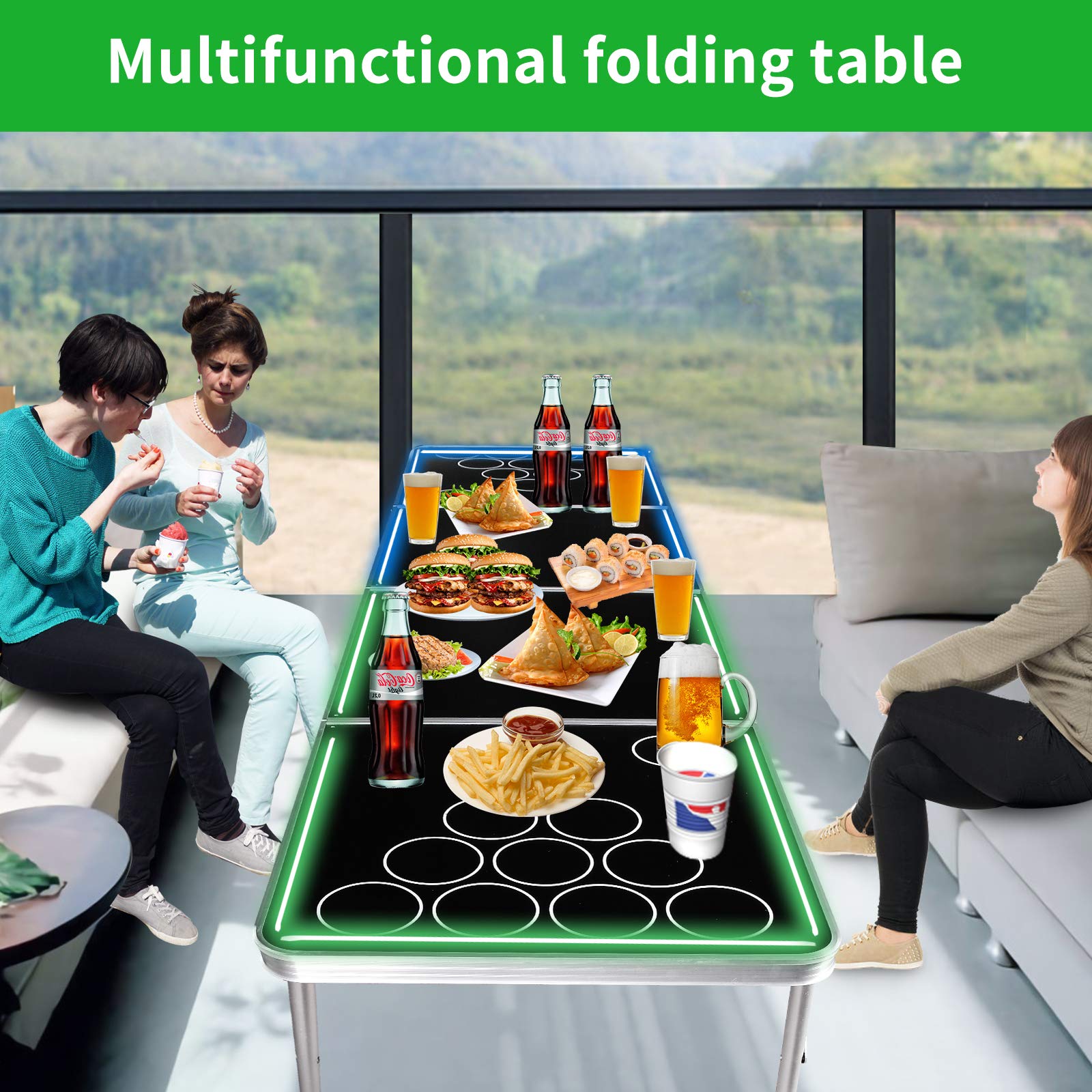 Wodesid 8FT Portable Beer Pong Tables with Carrying Handle Tailgate Desk Lightweight Adjustable Height Aluminum Folding Flip Cup Table for Indoor Outdoor, Picnic Party Camping (8 Feet)