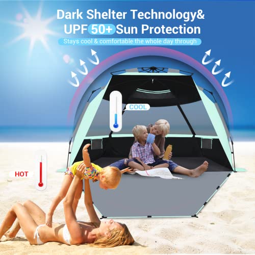 SEBOR Beach Tent, Deluxe XL Pop-up Beach Tent for 4-6 Person, UPF 50+ with Dark Shelter Technology, Easy Set Up and Portable Beach Tent Sun Shelter (Mint Green)